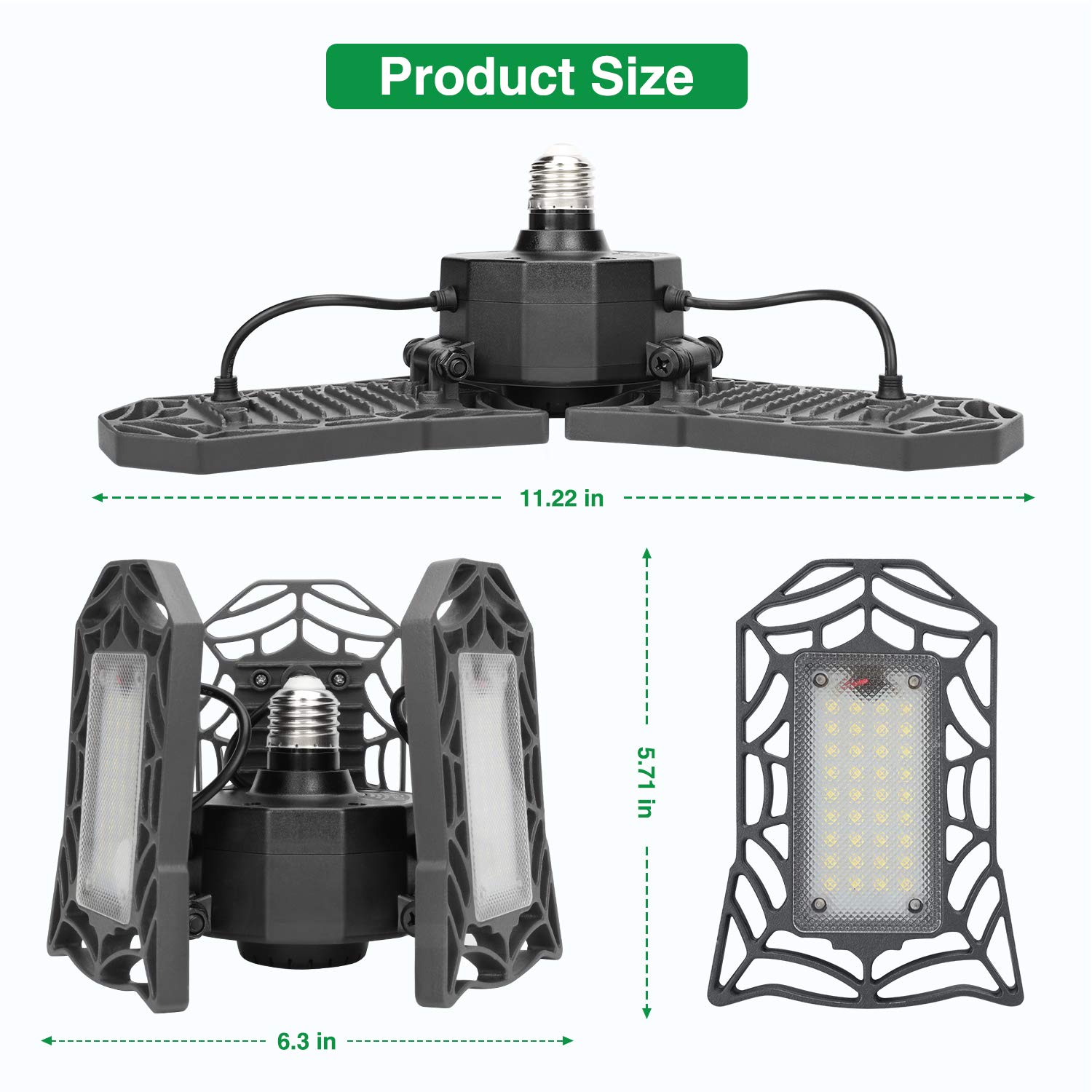 LED Garage Lights, 80W Deformable Garage Ceiling Light 8000LM E26 Basement Lights with 3 Adjustable LED Panels 270° – Fits for Garage, Warehouse, Barn, Workshop and Yard (NO Motion Activated)