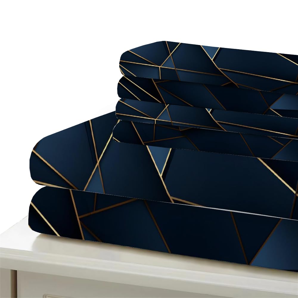 TBAUYI Navy Blue Duvet Cover King Size 3 Pieces,Geometric Gold Line 3D Printed Bedding Set with 2 Pillow Shams Luxury Soft Microfiber Bed Cover, Type13