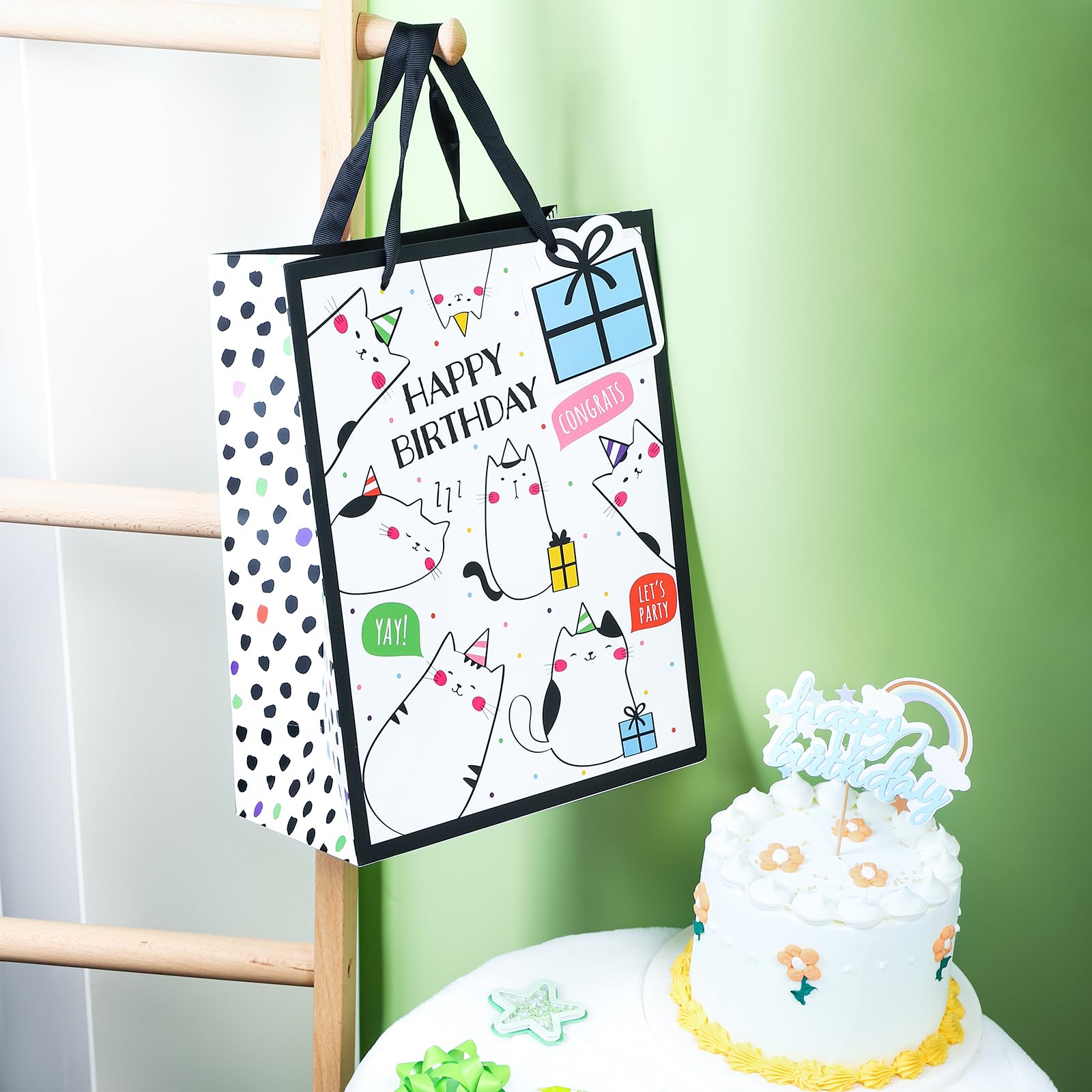 WRAPAHOLIC 13" Large Birthday Gift Bag with Card and Tissue Paper - Adorable Cat Design Happy Birthday