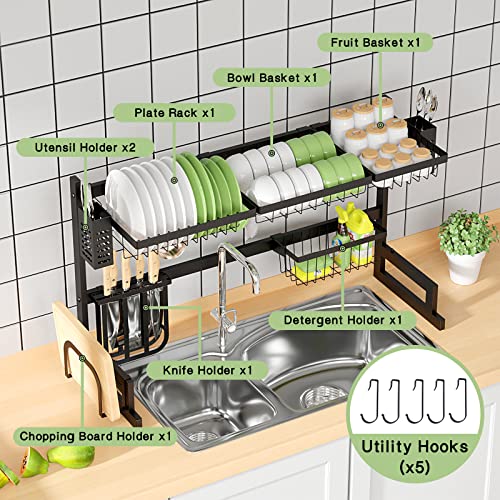 TOOLF Over Sink Dish Dying Rack, Large Capacity Dish Rack, 2-Tier Dish Drainer, Sink Organize Stand Shelf with Utensil Holder&Hooks, Kitchen Counter Supplies Storage for Plates Bowls Pots, Black