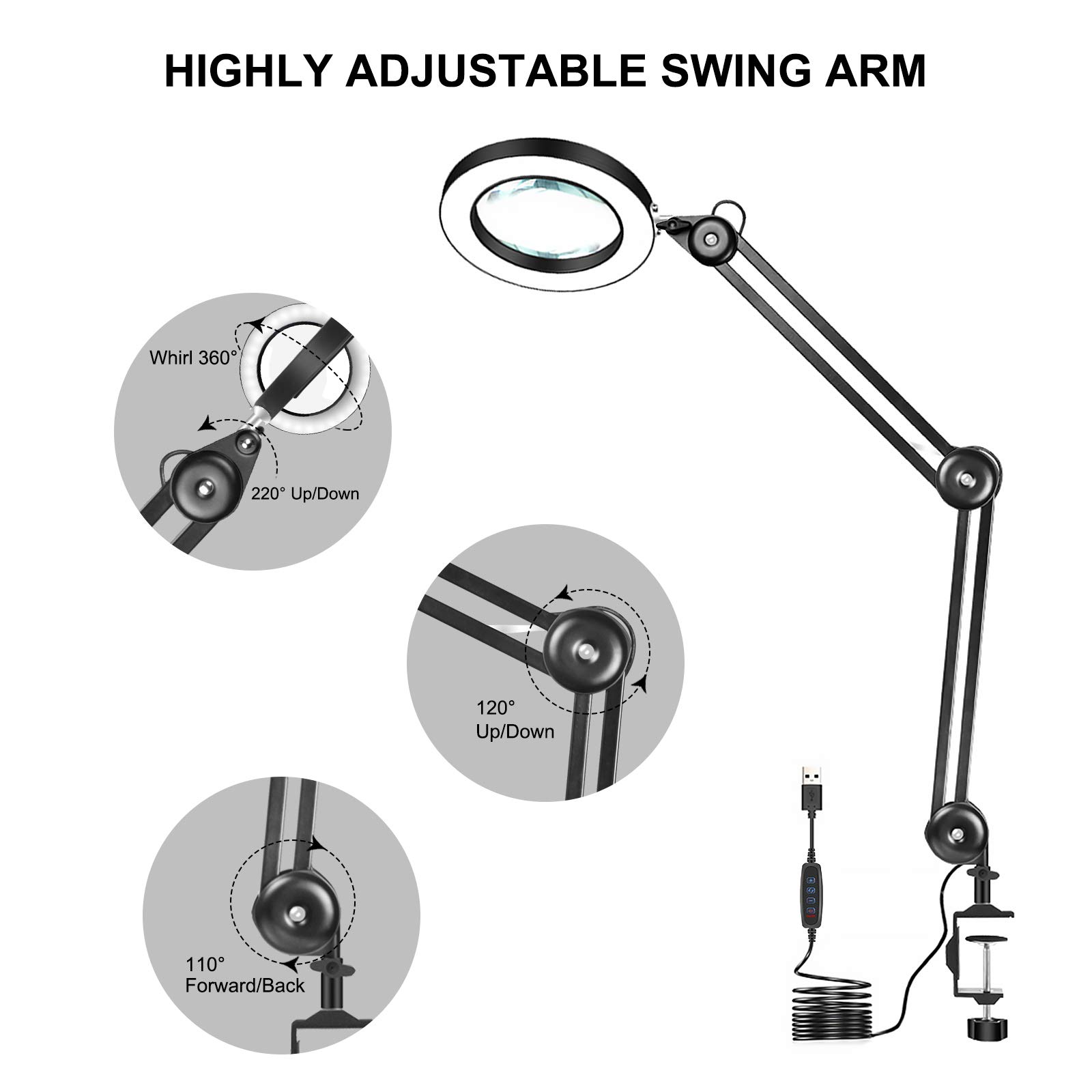 LED Magnifying Lamp - 3 Color Modes, Stepless Dimming,5-Diopter, 4.1" Diameter Glass Lens, Adjustable Swivel Arm Lighted Magnifier Light for Workbench Reading Craft Close Work
