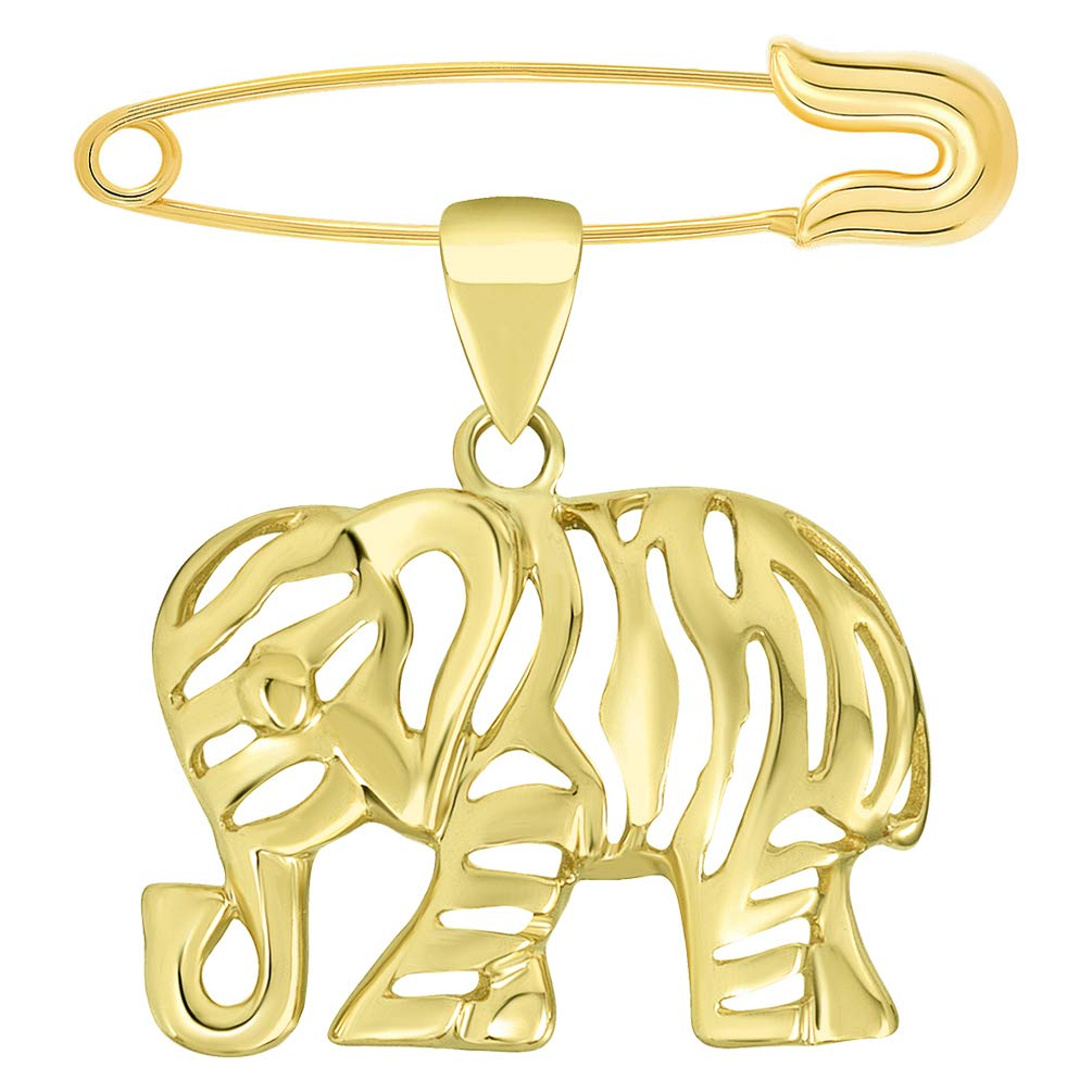 Jewelry America 14k Yellow Gold Elegant Open-Style Elephant Charm Animal Pendant with Safety Pin Brooch