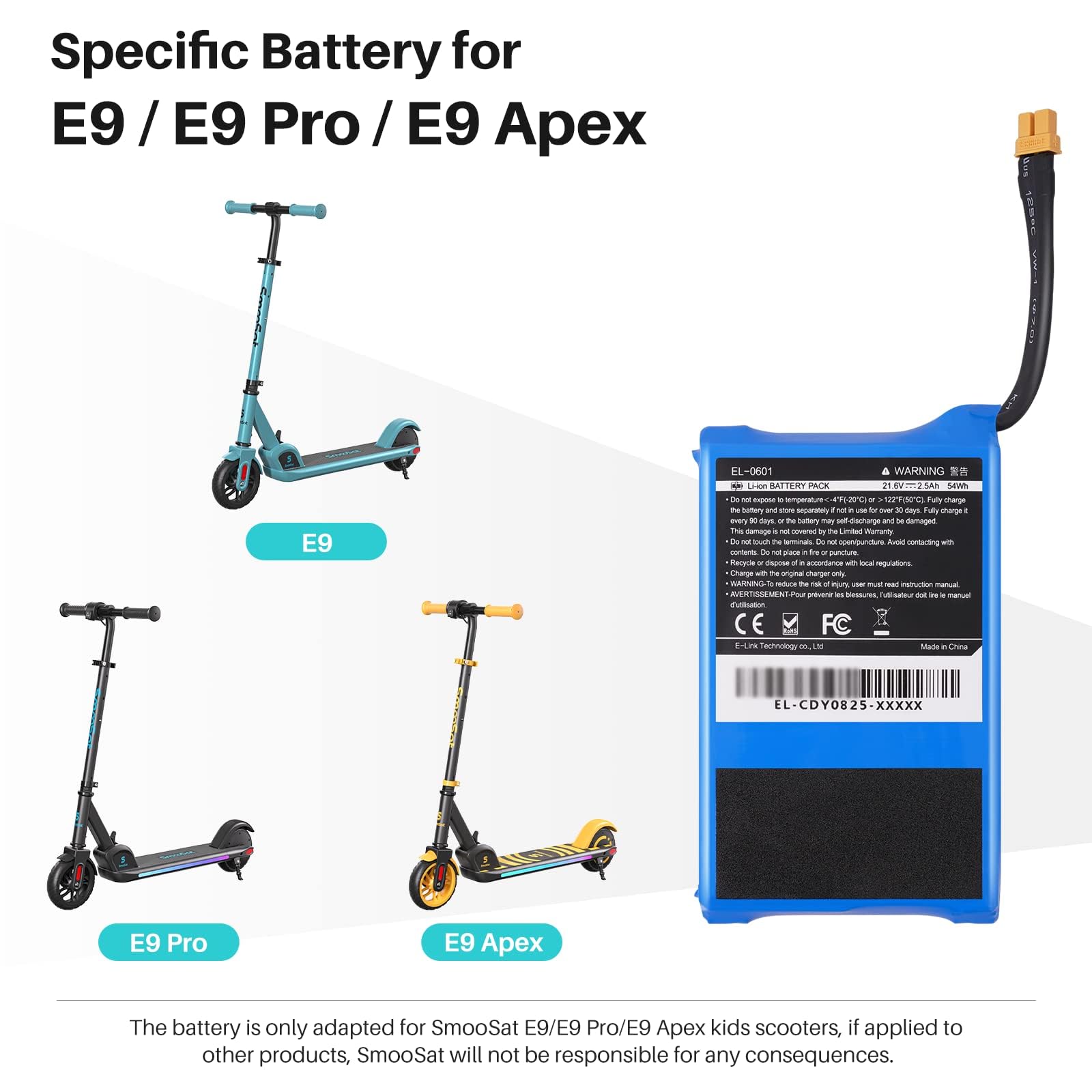 SMOOSAT Li-on Battery Pack Replacement Electric Kids Scooter E9/E9 Pro/E9 Apex, 21.6V, 2.5AH, 54WH, EL-0601