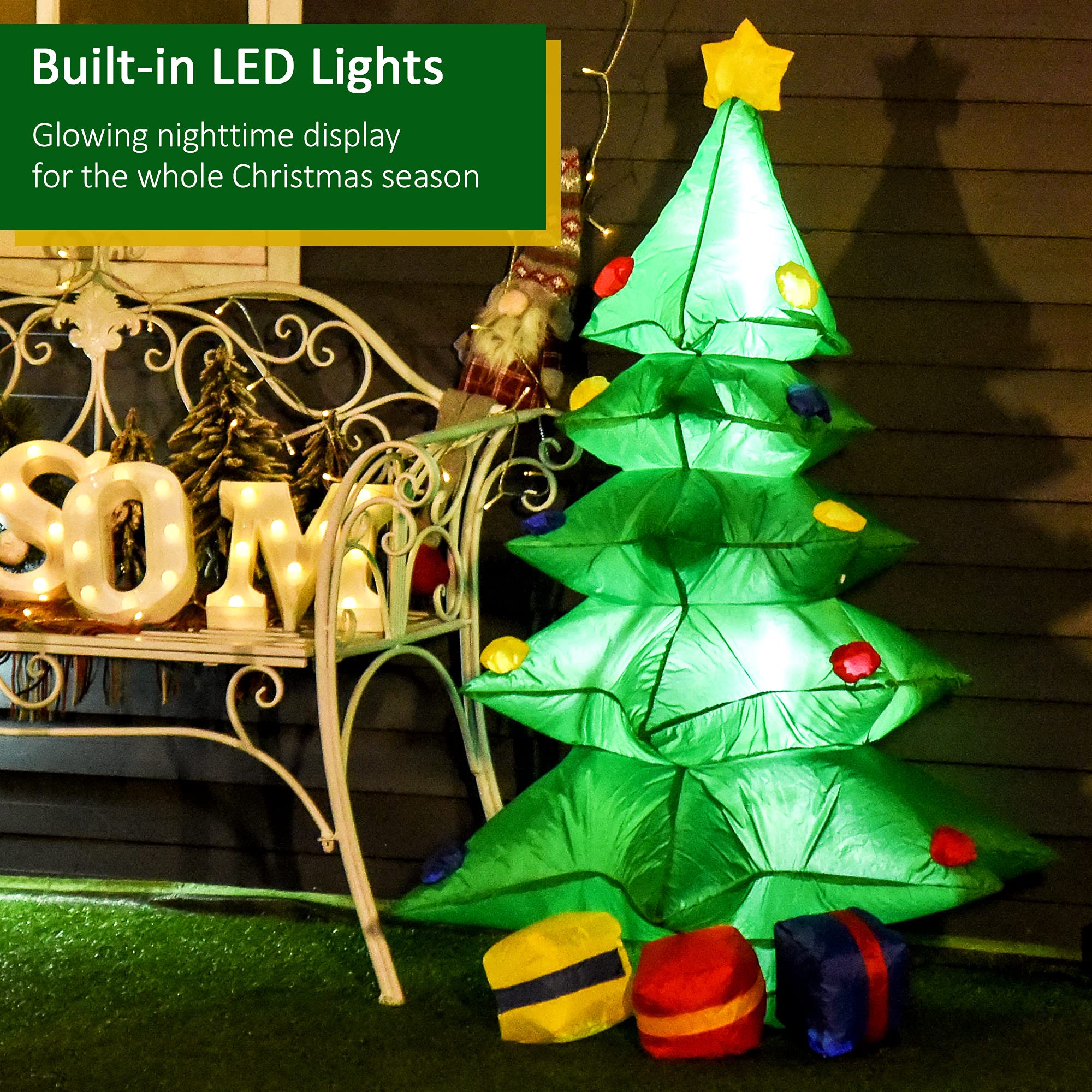 HOMCOM 4ft Christmas Inflatable Christmas Tree with Presents, Outdoor Blow-Up Yard Decoration with LED Lights Display