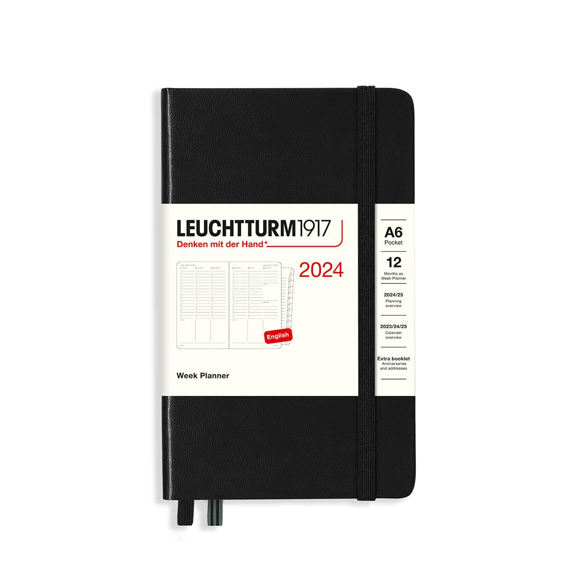 LEUCHTTURM1917 - Week Planner 2024 with extra booklet, Pocket (A6) Hardcover, Black (Jan 1 - Dec 31, 2024)
