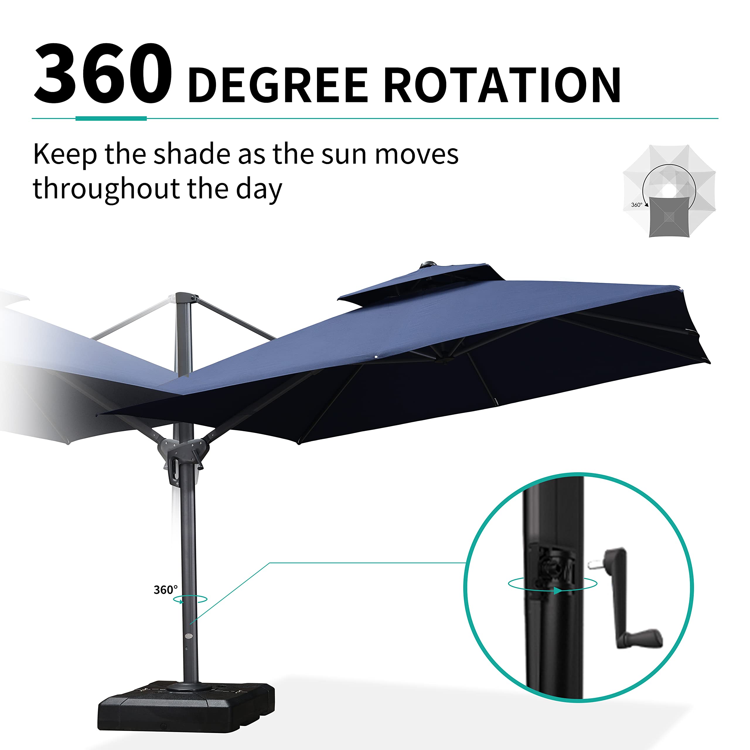 PURPLE LEAF 10FT Cantilever Outdoor Umbrellas Large Patio Umbrella Hanging Double Top Square Offset Umbrella with 360°Rotation Tilting Umbrella Outdoor Patio, Navy Blue