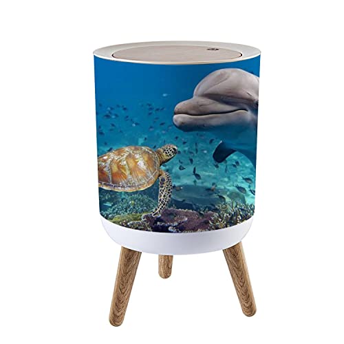 Small Trash Can with Lid Dolphin and Turtle Underwater on Reef 7 Liter Round Garbage Can Elasticity Press Cover Lid Wastebasket for Kitchen Bathroom Office 1.8 Gallon