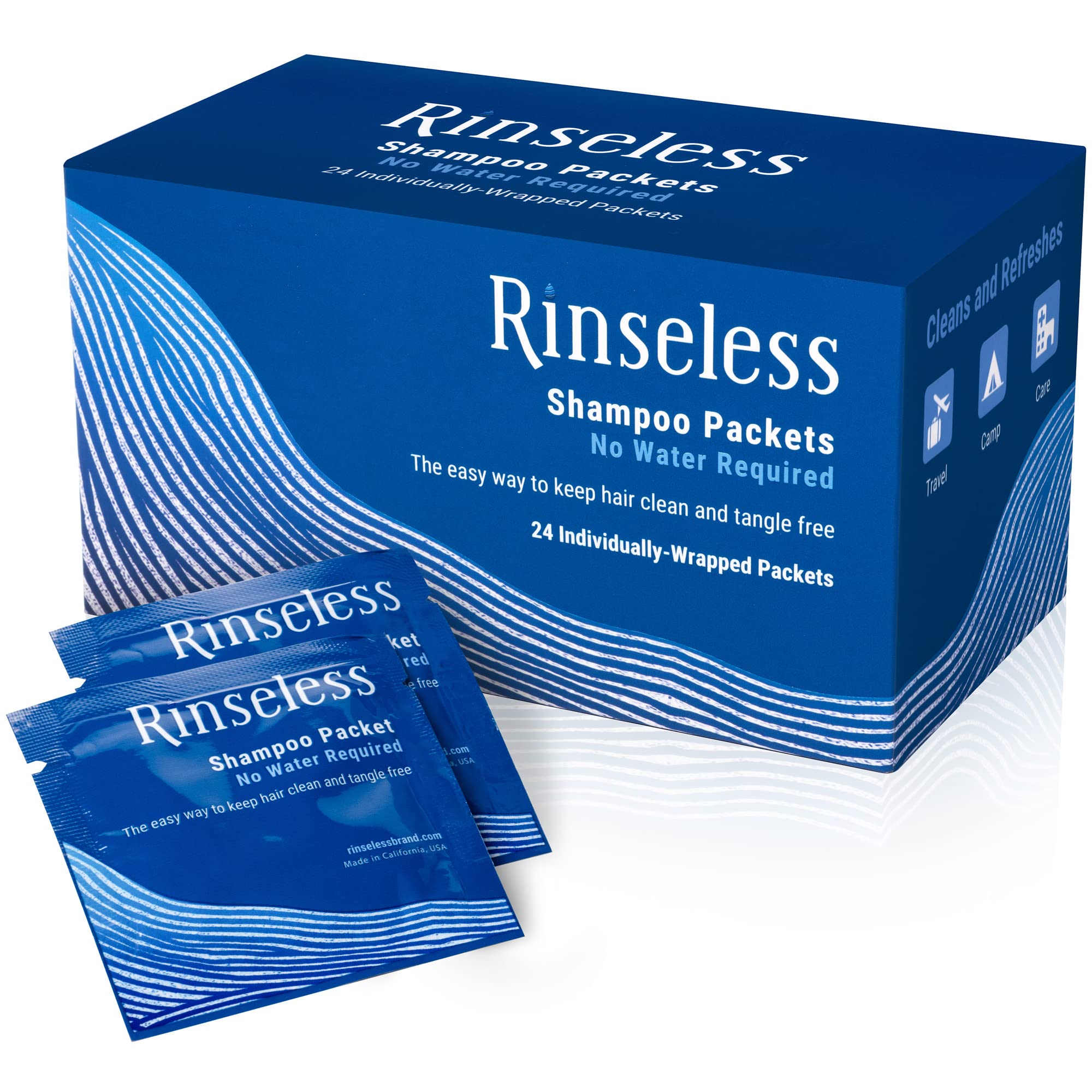 RINSELESS Waterless Shampoo Travel Packets 24 ct, Individually Wrapped | Get Refreshed Clean Smelling Hair, No Water Rinse Needed | For Hospital, Surgery, Elderly, Bedridden Patients & Camping