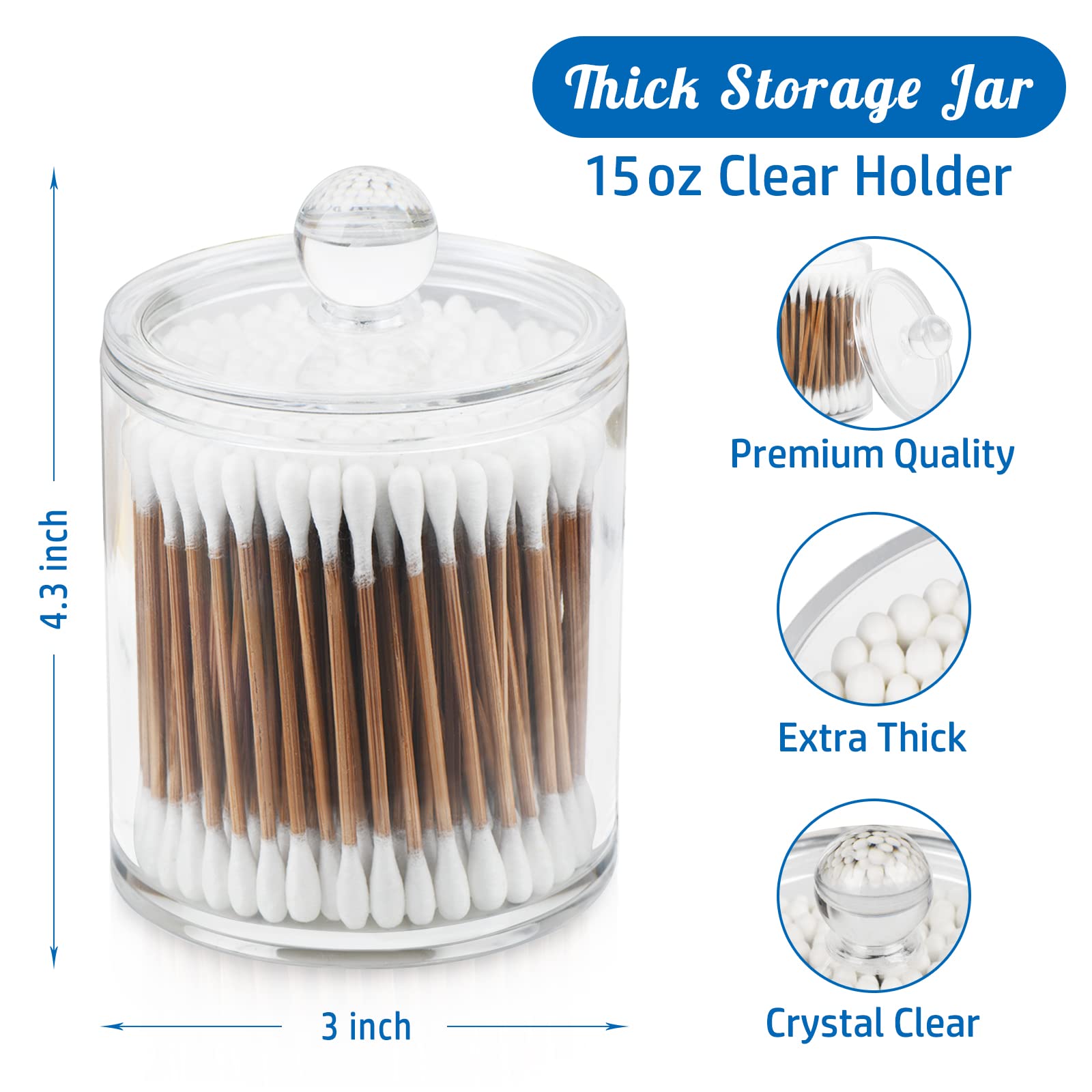 Simetufy 600ct Cotton Swabs with Holder(15oz), Strong Carbonized Bamboo Sticks Cotton Swabs for Ears, Double Round Cotton Buds for Daily Cleaning, Plastic Apothecary Jar for Bathroom Makeup Organizer