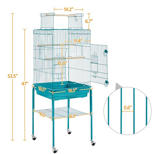Topeakmart Metal Bird Cage Open Play Top Parrot Cage w/Detachable Rolling Stand for Small Birds, 53.5inch, Teal Blue