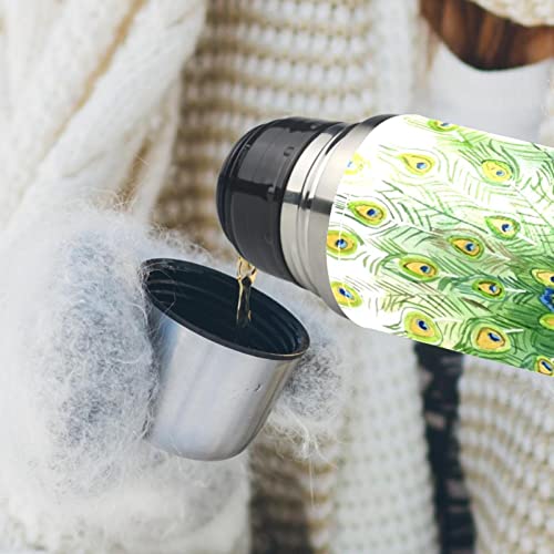 Watercolor Style Peacock Stainless Steel Water Bottle Leak-Proof, Double Walled Vacuum Insulated Flask Thermos Cup Travel Mug 17 OZ