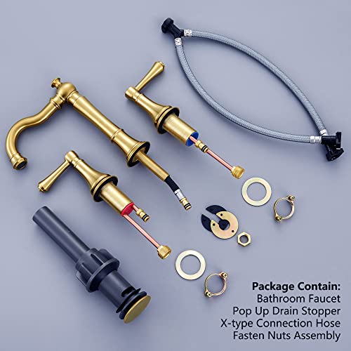 Roffenny Brushed Gold Bathroom Faucet 3 Hole, 8 inch Widespread Bathroom Sink Faucets Brushed Gold with Pop-up Drain Assembly, Traditional Two Handle Bath Vanity Faucet, 8" Spread Bathroom Faucets