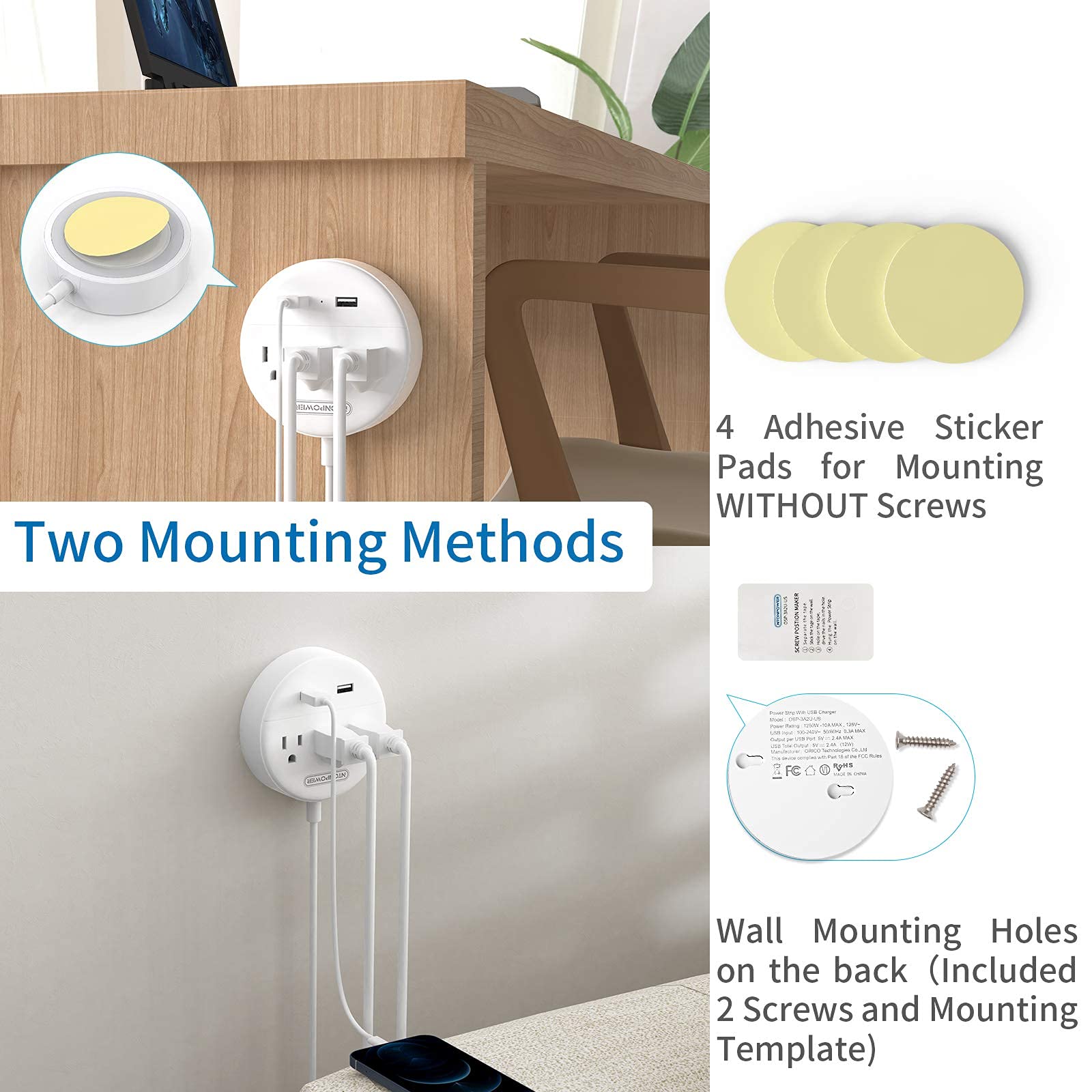 NTONPOWER Flat Plug Power Strip Bundle, 2 Outlets 3 USB Compact Power Strip with 25ft and 15 ft Extra Long Extension Cord, Right Angle Plug for Office, Home, Nightstand, Dorm Essentialsā¦
