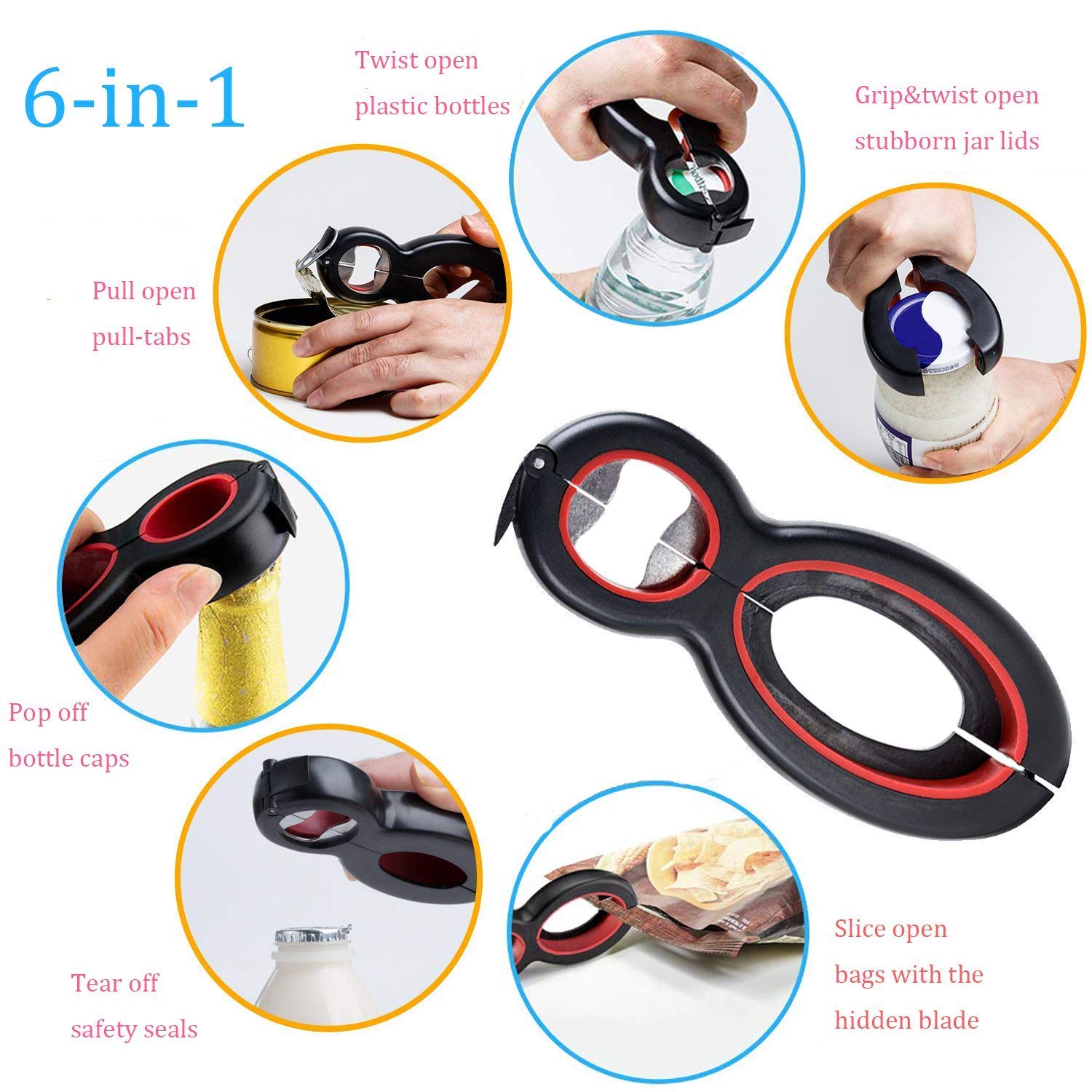 Multi Jar Bottle Opener,All in One Bottle Opener,5-in-1 and 6-in-1 Multi Opener Kitchen Tools Set,Can Jar Opener Kit with Ergonomic Anti Slip Grip Handle,Safe and Efficient Opening (Style 1)