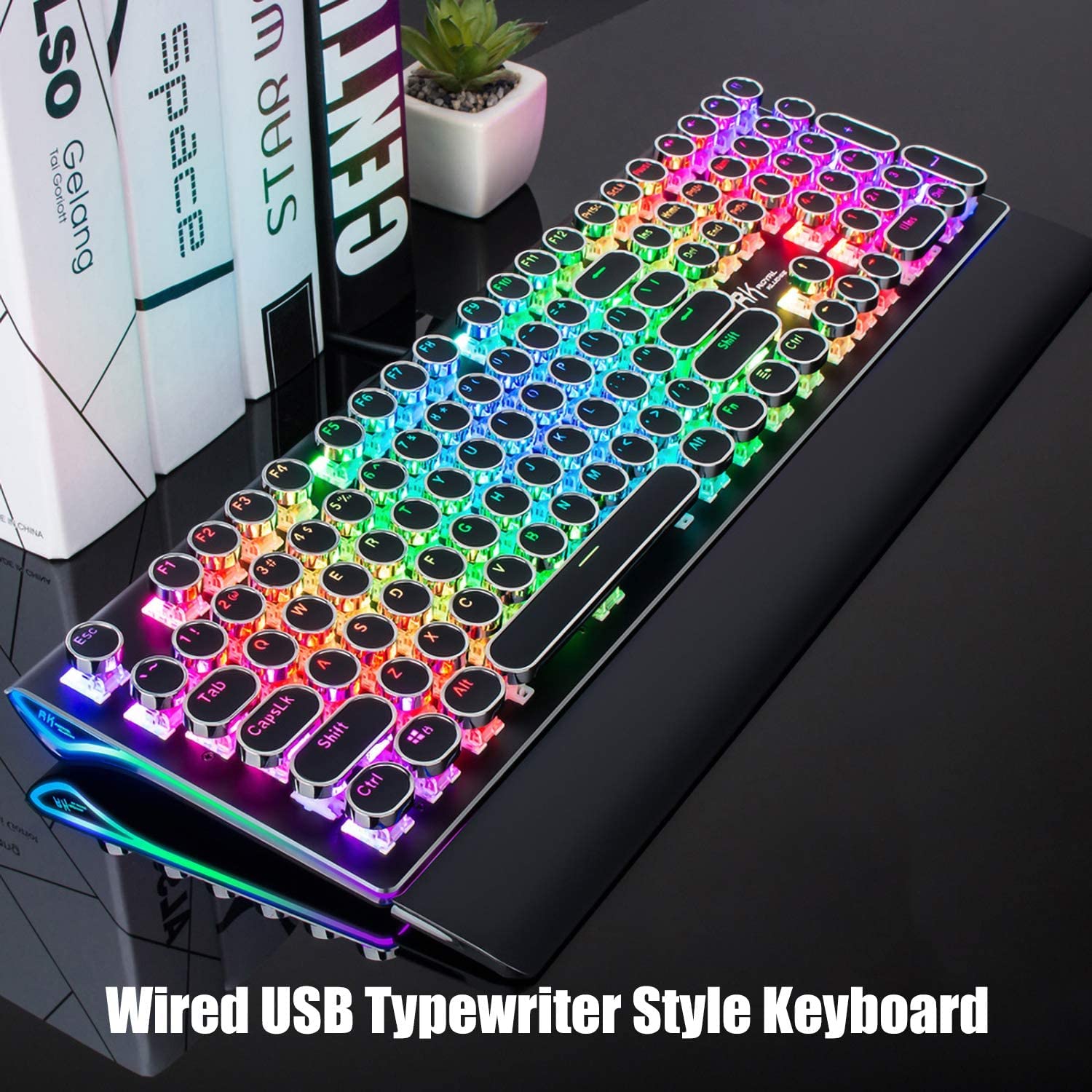 RK ROYAL KLUDGE S108 Typewriter Style Mechanical Gaming Keyboard with True RGB Backlit Collapsible Wrist Rest 108-Key (Red Switch, Black)