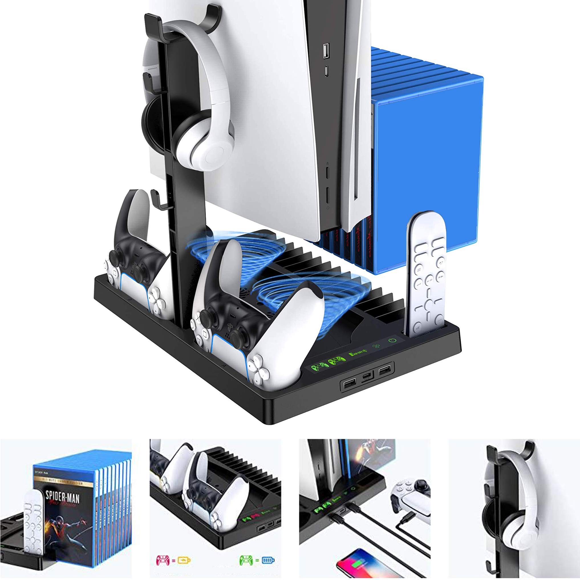 LVGOD PS5 Cooling Fan, PS5 Cooler, Vertical Stand for PS 5 Digital Edition/Ultra HD Game Console with Dual Charger Indicator USB Ports for PS5 DualSense Controller