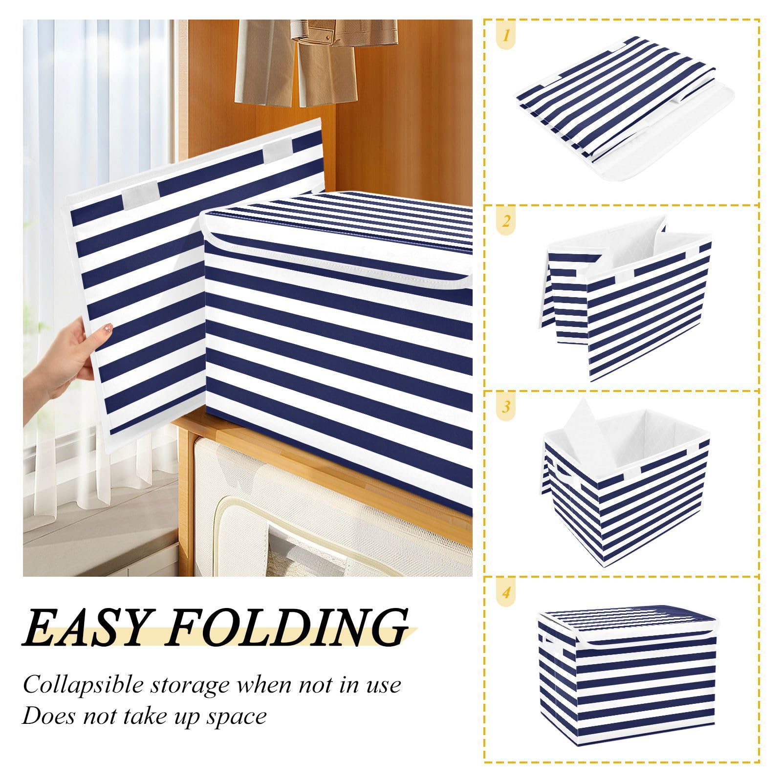YETTASBIN Navy Blue Stripes Storage Basket with Lid and Handles, Large Collapsible Fabric Storage Bins Sturdy Storage Organizer for Shelves, Closet, Bedroom, School, Office, Home Decor