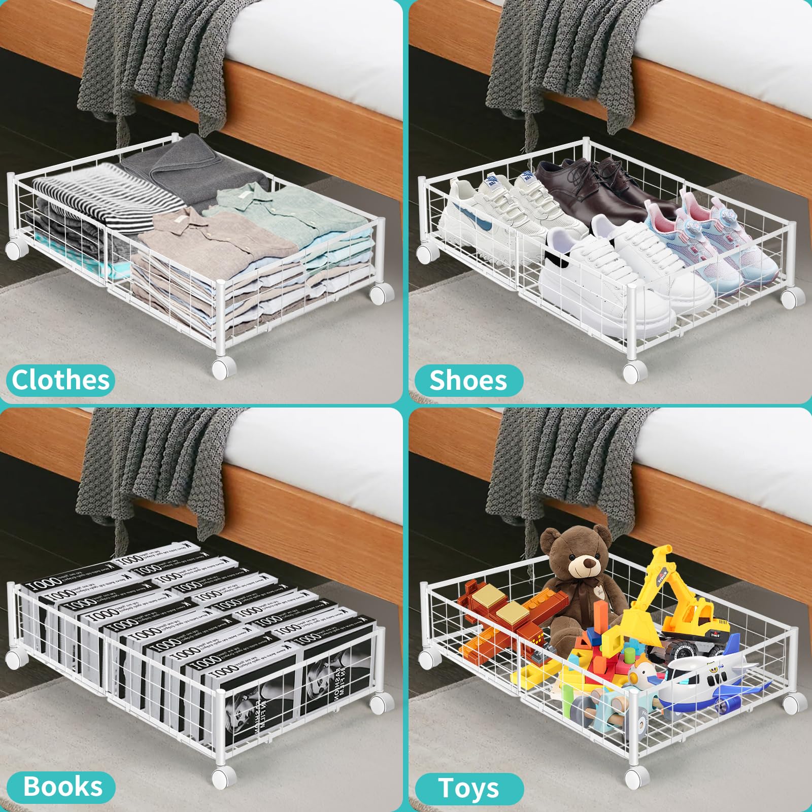 Under Bed Storage 4 Pack with Wheels, Under Bed Storage Containers Metal Foldable Space-Saving Under Bed Drawer Shoe Storage Bins Organizer on Wheels for Clothes Books