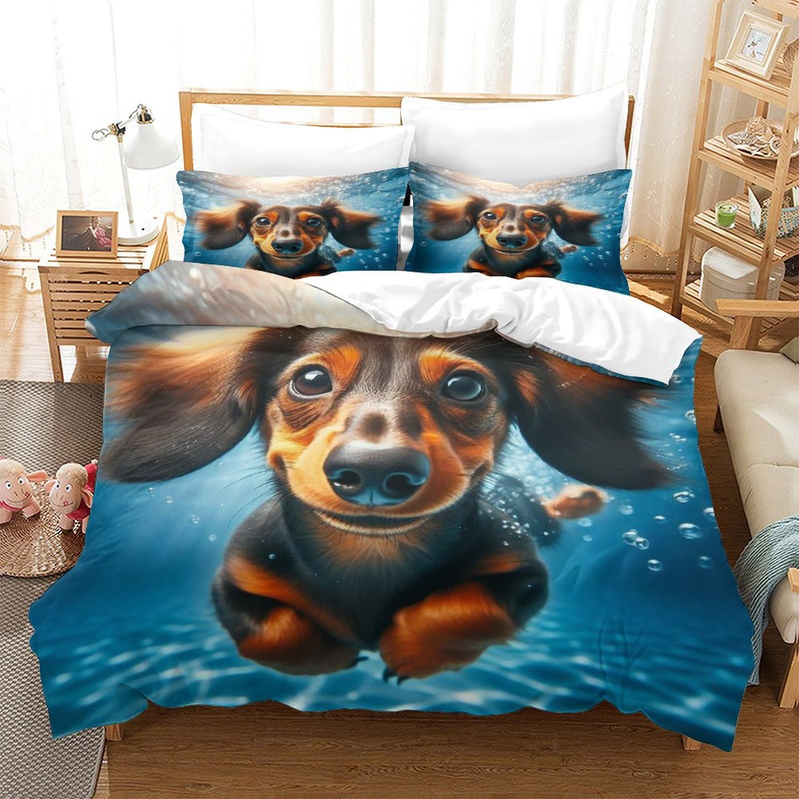 THUBDYEA Dachshund Comforter Covers 3D PrintedPet Dog Bedding Set Quilt Cover Duvet Cover 3 Pieces for Childrens and Adults Microfiber with Pillowcases with Zipper Closure Full(203x228cm), Style-26