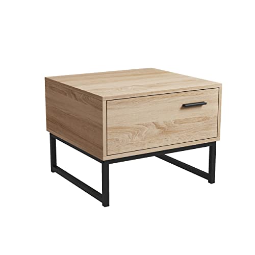 RAAMZO Wood Accent Table with Steel Frame, 1 Drawer Nightstand Side Table for Bedroom, Weathered Oak Finish