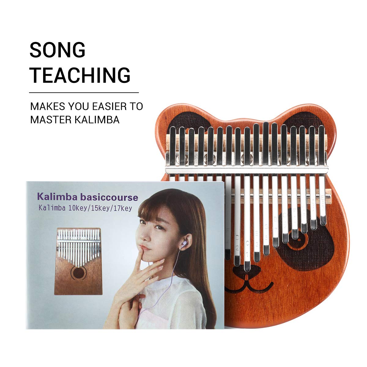 JeuRon 17 Keys Mahogany Kalimba Thumb Piano Finger Instrument With Portable Case Turning Hammer Study Instruction,Gift for Kids Adult Beginners and Professionals (NATURAL)