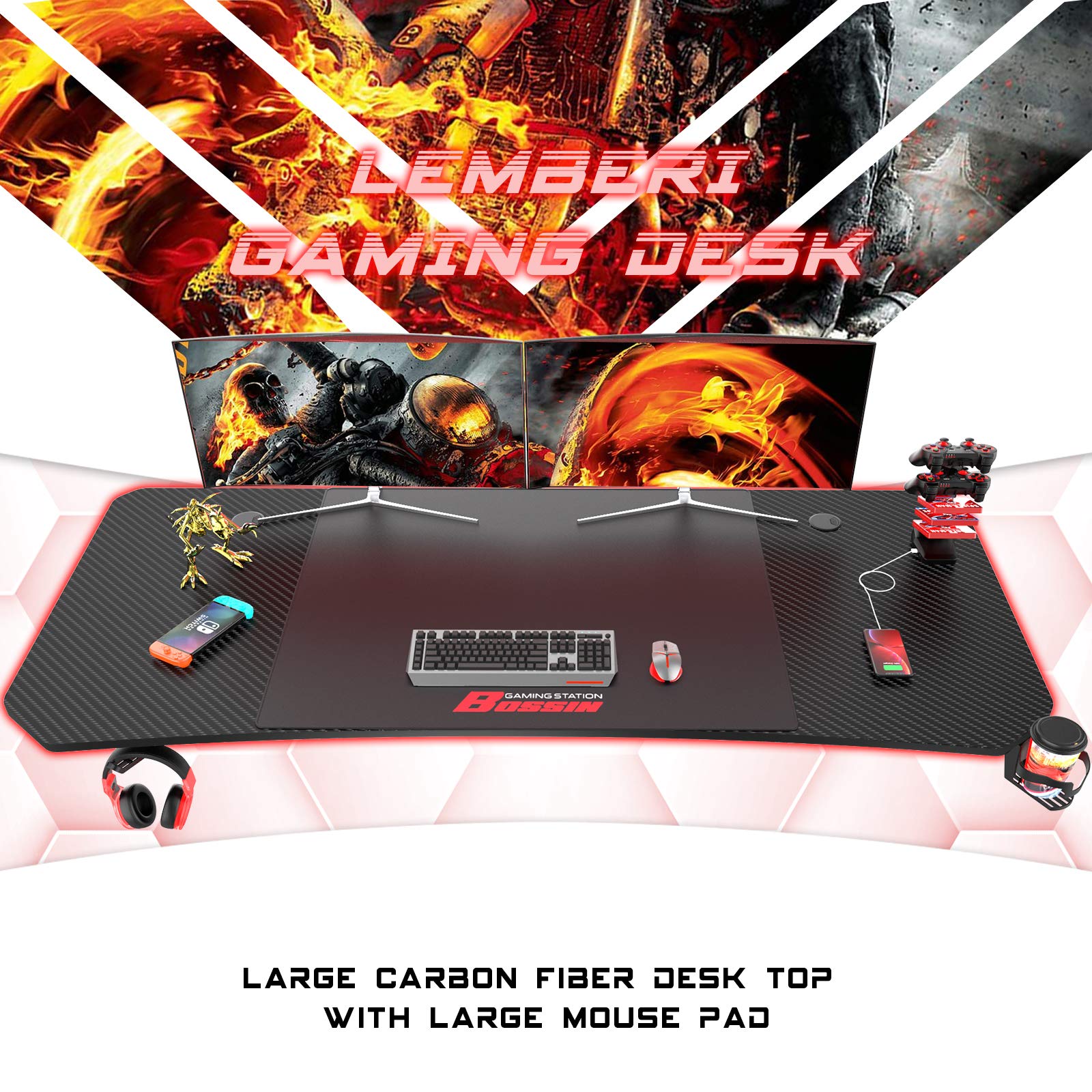 LEMBERI 63 inch Gaming Desk, Z-Shaped Computer Desk with Free Large Mouse Pad, Professional Game Work Station, PC Gamer Table with USB Gaming Handle Rack, Stand Cup Holder&Headphone Hook(63", Red)