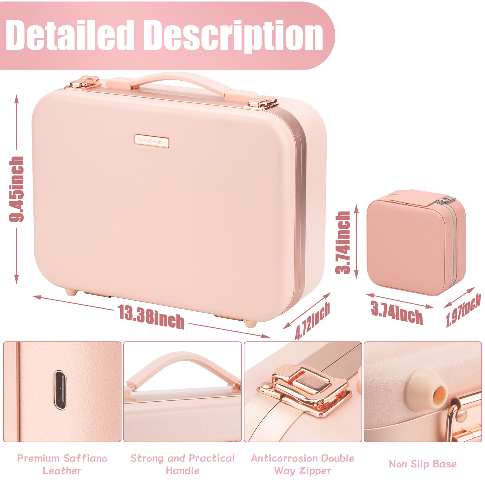 S&N Remille Travel Makeup Case with LED Light Mirror, Portable Waterproof Makeup Bag with 3 Adjustable Color Brightness Professional Cosmetic Train Case Organizer with Adjustable Dividers