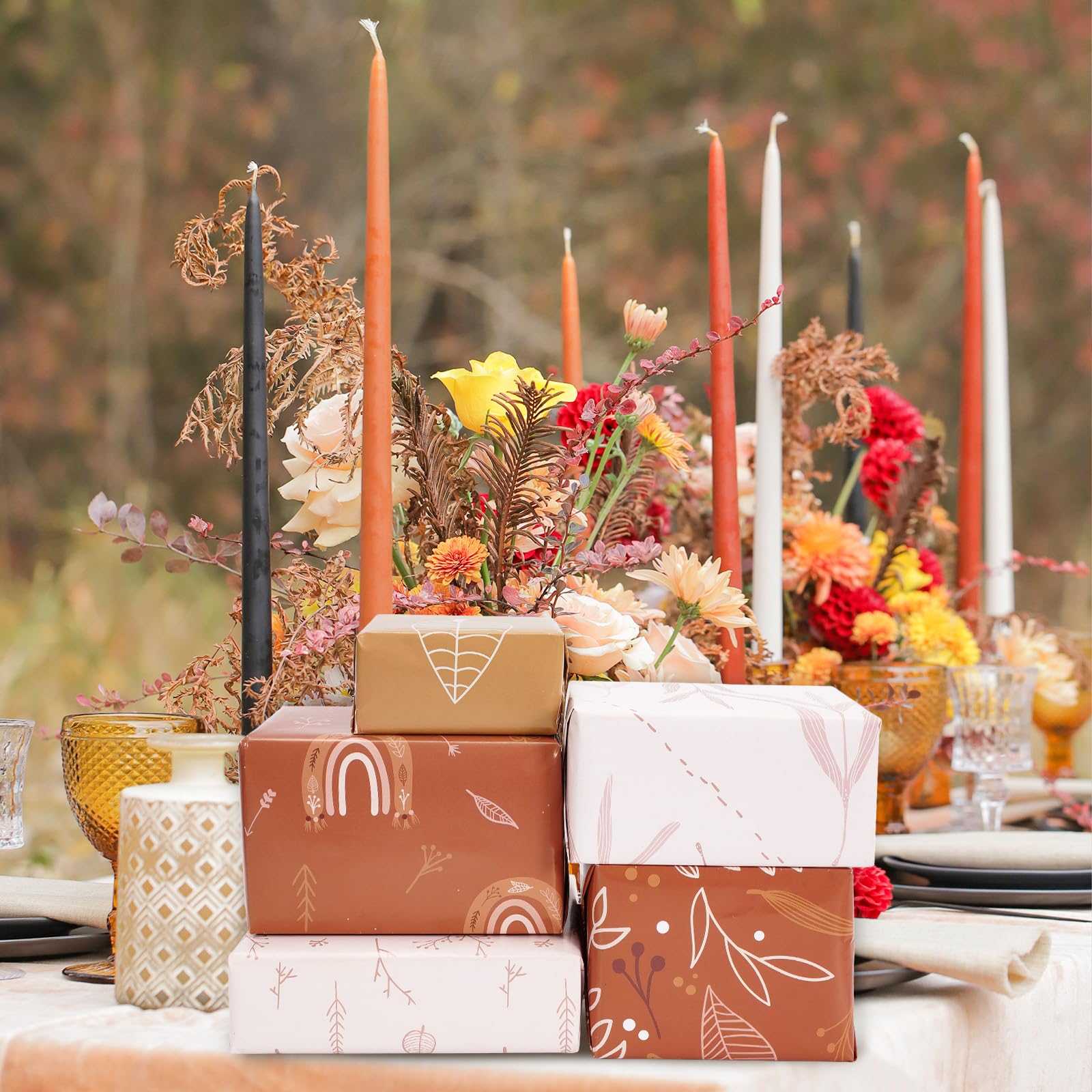 Whaline 12 Sheet Boho Fall Wrapping Paper 6 Style Maple leaf Stripes Pattern Packaging Paper Folded Flat DIY Art Craft Paper for Autumn Holiday Birthday Wedding Baby Shower, 19.7 x 27.6 Inch
