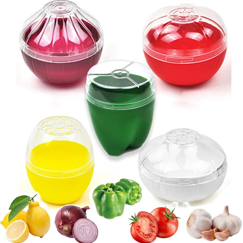 OUKEYI Green pepper, onion, Tomato, Lemon, and garlic transparent Fruit and Vegetable Storage ,Reusable Refrigerator Box Storage Bowls Saver Holder, Storage Keeper Holder for Fridge
