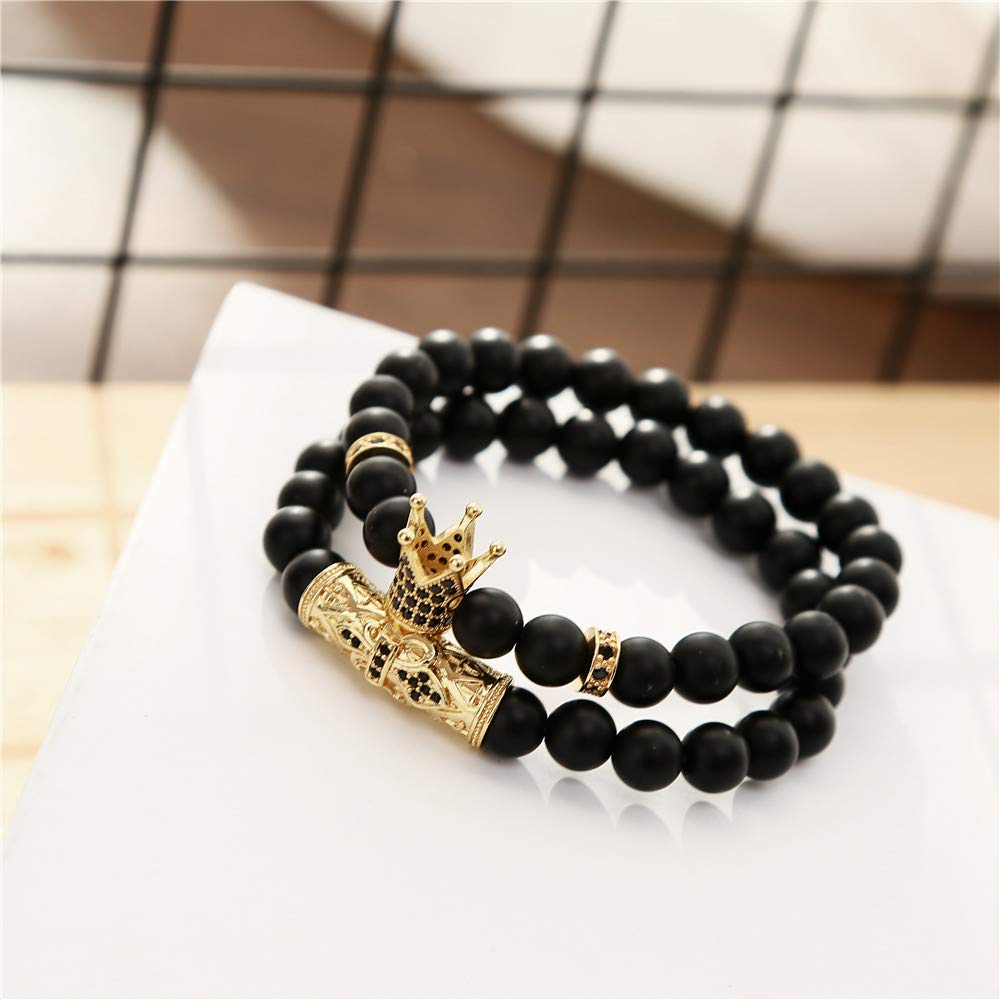 KAMRESH 8mm Beads Bracelets Black Matte Onyx Stone Bracelet Sets Charm King Crown for Women Men Jewelry