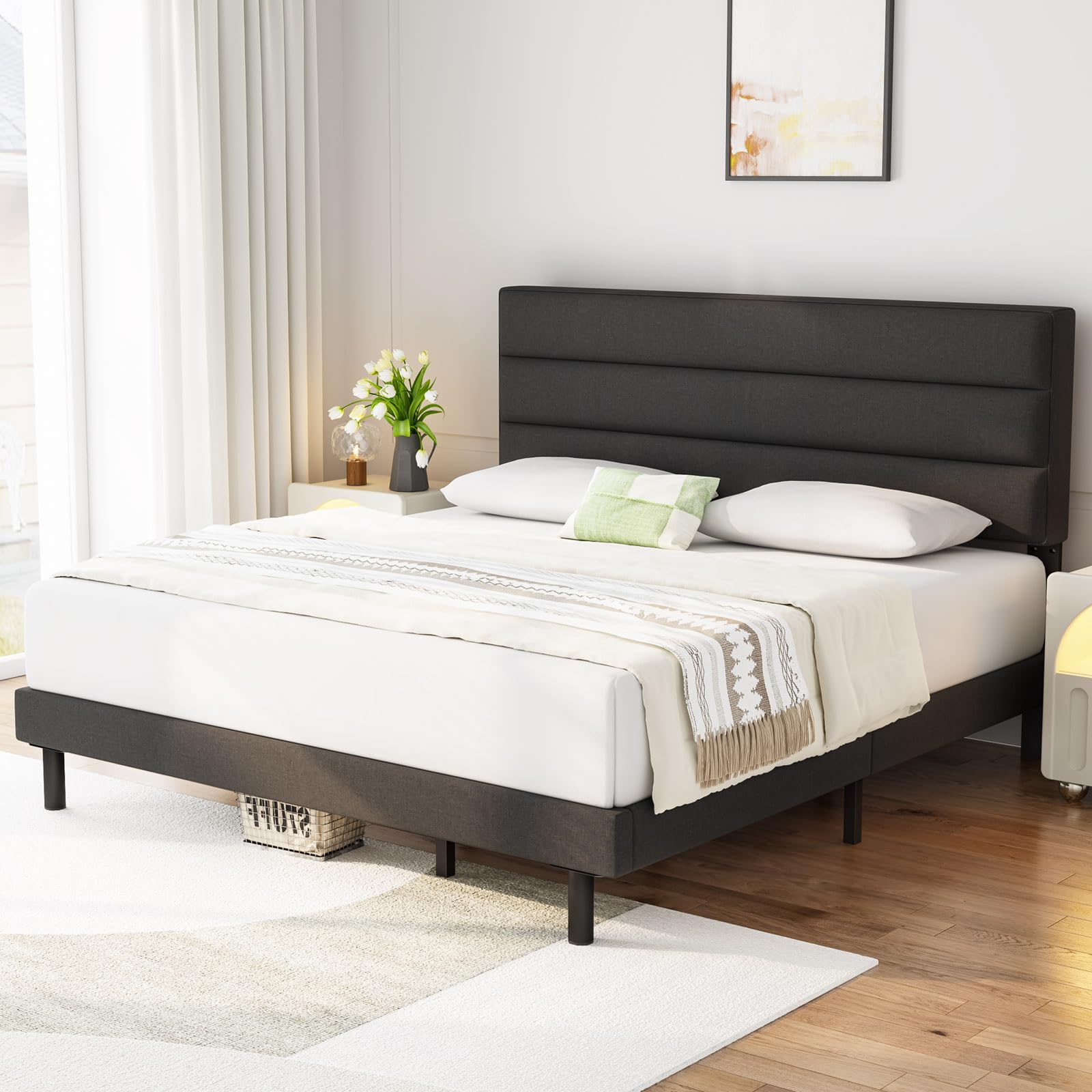 IYEE NATURE Queen Size Bed Frame with Headboard,Sturdy Platform Bed with Wooden Slats Support,No Box Spring,Mattress Foundation,Easy Assembly,Dark Grey