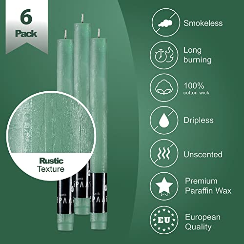 SPAAS Rustic Green Dinner Candles - 10" Tall Rustic Candles, Set of 6 Dripless Green Candles - Unscented Long Burning Decorative Candles for Home Decor, Table Candles, Party, Weddings, and Holiday