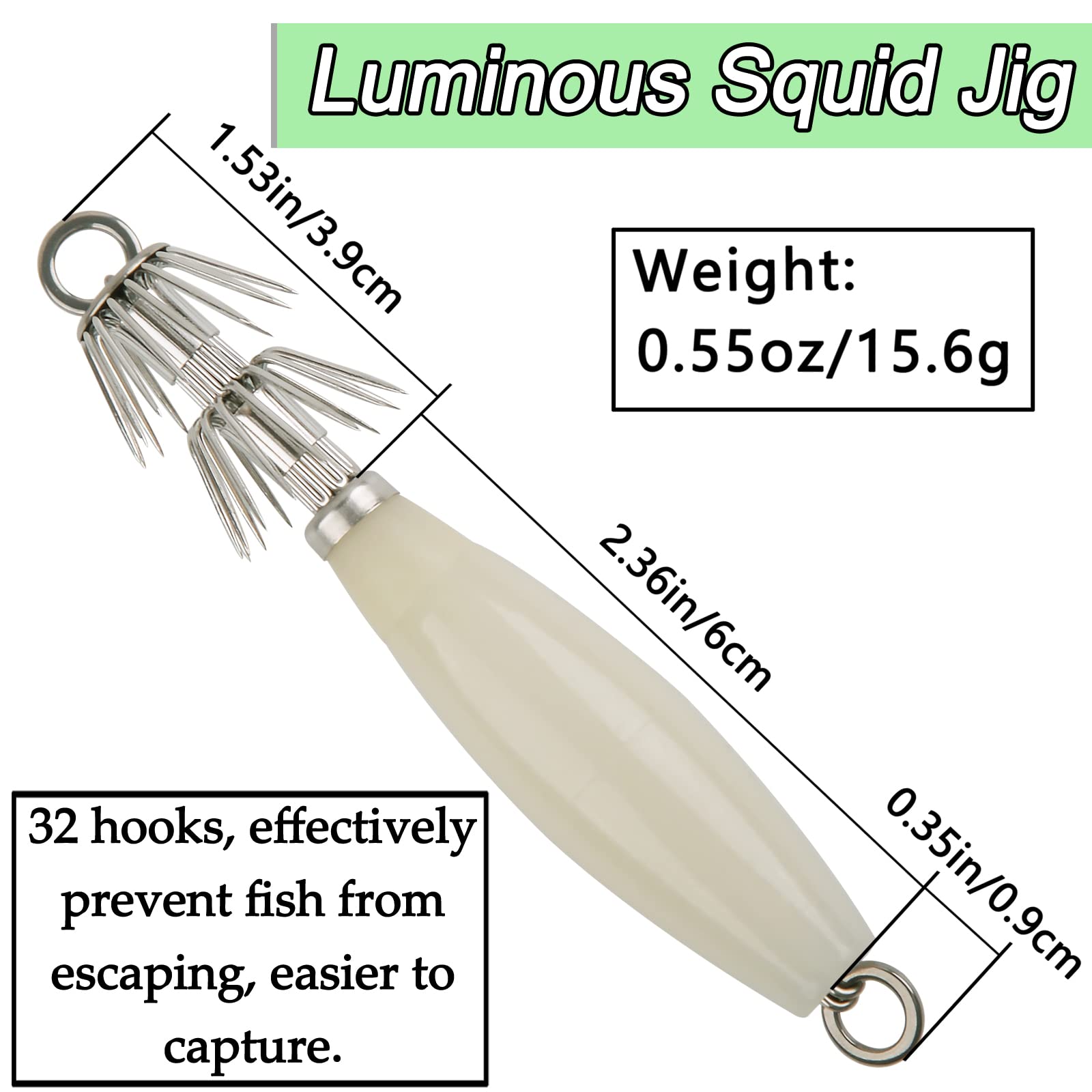 Luminous Squid Jig Hooks 8pcs Glow Squid Jigs Fluorescent Cuttlefish Sleeve Jig Squid Baits Lures Hard Fishing Octopus Lures Set with Tackle Box Saltwater Freshwater