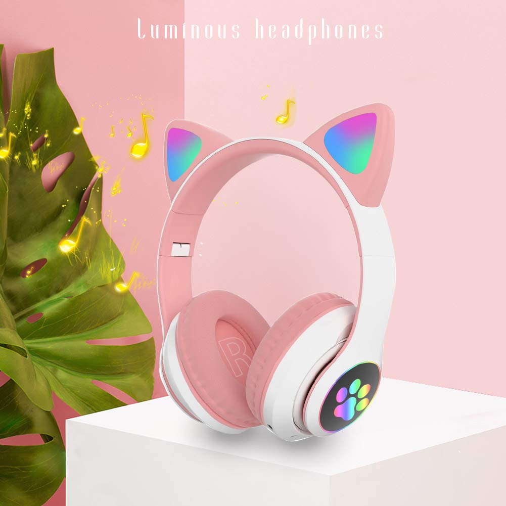LVOERTUIG Gaming Headset Fashion Bluetooth 5.0 Kids Adult Cat Ear LED Light Up Wireless Gaming Headset Foldable and Stretchable Reduction Headphones Computer Gaming Headphone