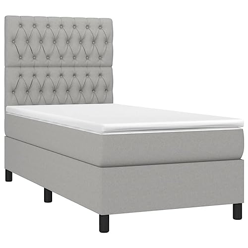 vidaXL Box Spring Bed with Mattress and LED Bedroom Upholstered Single Bed Frame Base Mattress Protector Foam Topper Light Gray Twin XL Fabric