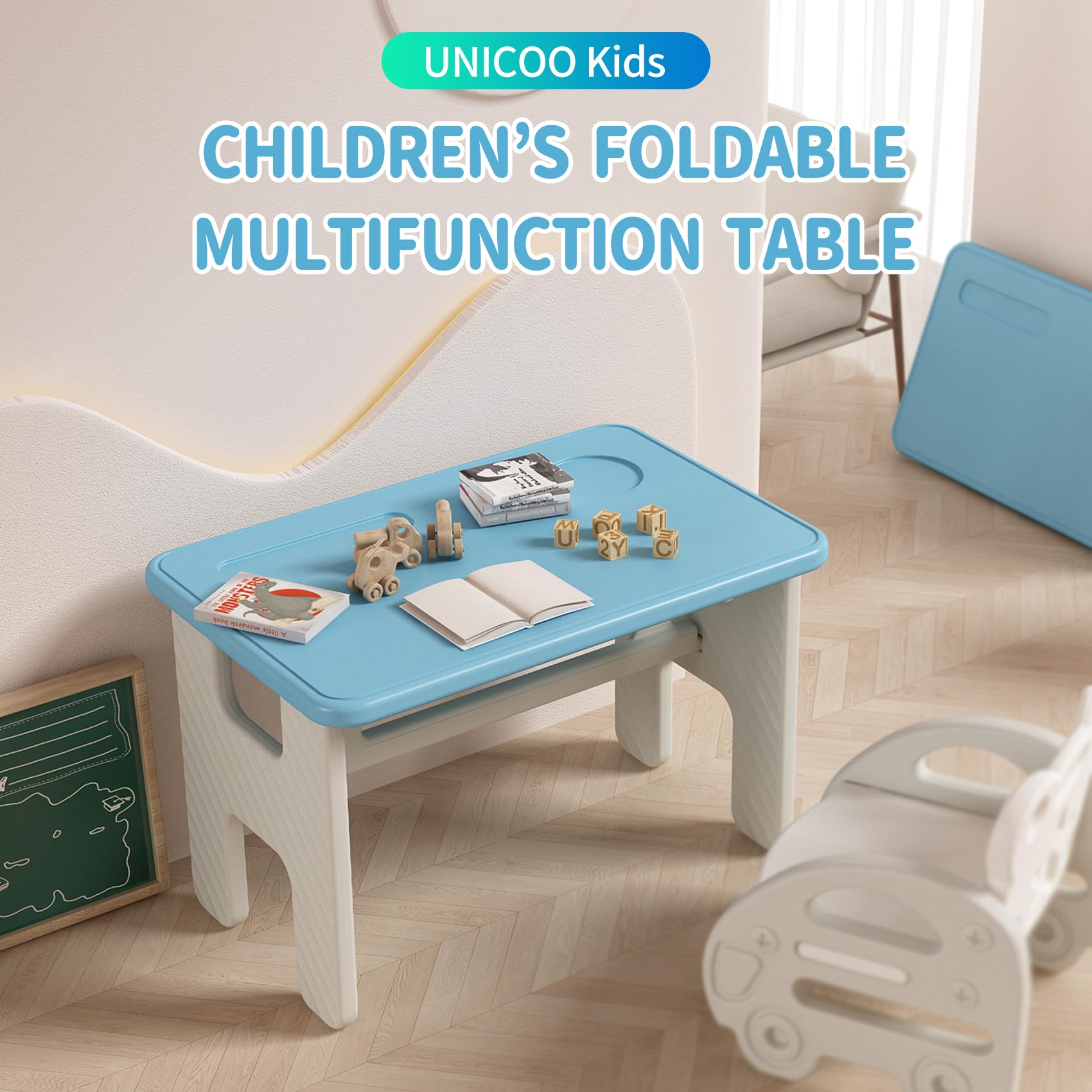 UNICOO - Children's Plastic Foldable Multifunction Table, Children's Art Craft Study Activity Table, Picnic Table and Entertainment Table, Toddler Folding Table (White & Gray)