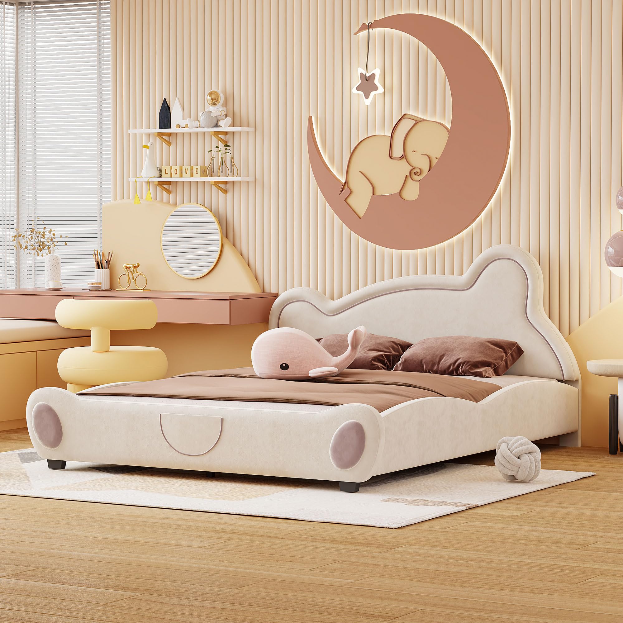 VilroCaz Queen Size Velvet Platform Bed with Bear-Shaped Headboard and Bed-End Storage Pocket, Upholstered Kids Platform Bed Frame with Safety Fence for Boys Girls, Sturdy Slats Support
