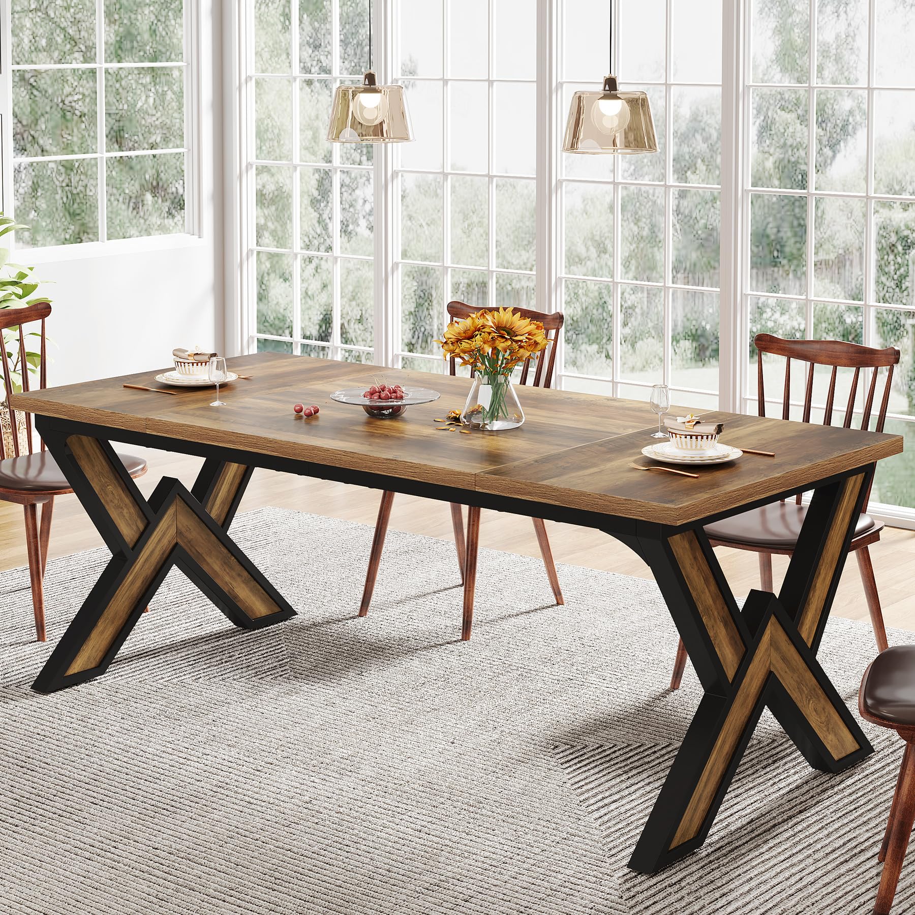 Tribesigns 63" Farmhouse Dining Table for 4-6, Rectangular Kitchen Dinner Table with Unique Legs, Wood Kitchen & Dining Room Furniture, Rustic Brown & Black