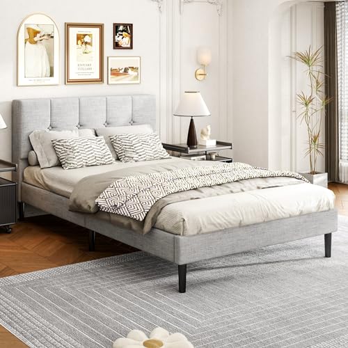 viplov Twin Size Platform Bed Frame with Upholstered Headboard, Mattress Foundation with Wooden Slats Support, Easy Assembly, Noise Free, No Box Spring Needed, Light Grey