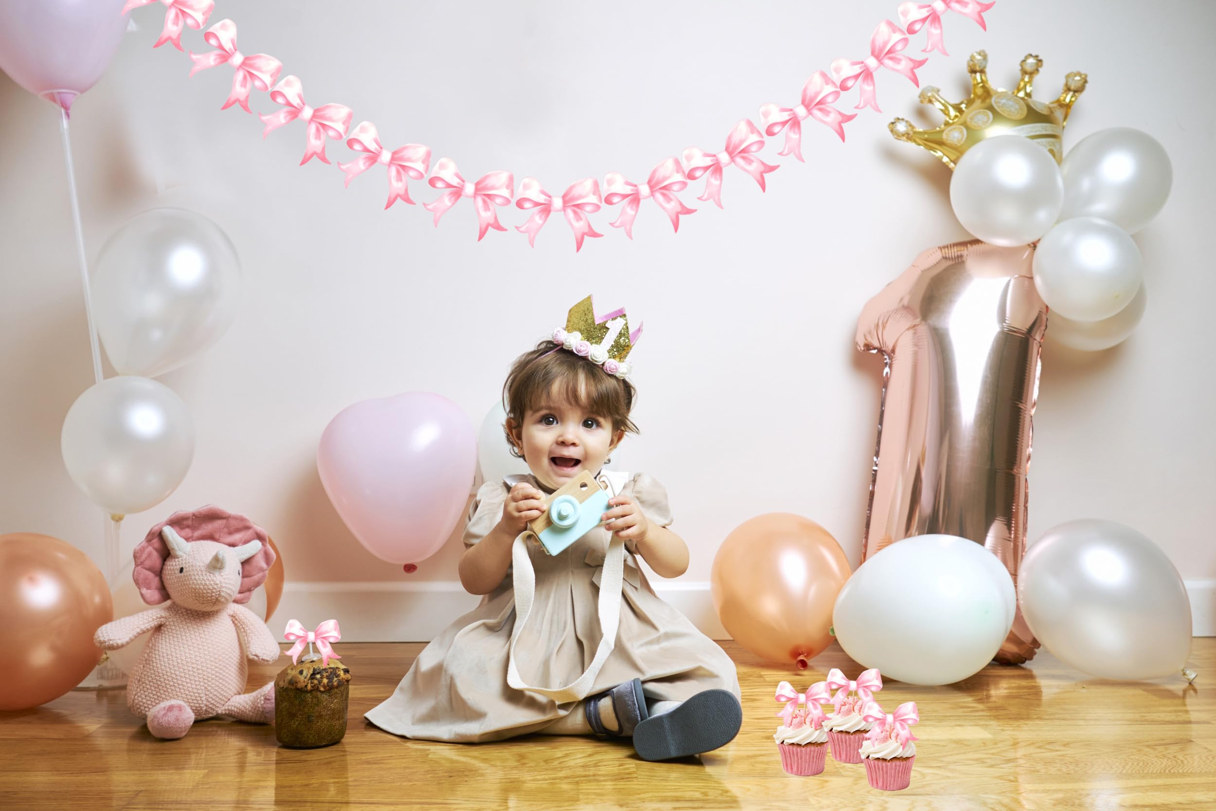 Pink Bow Garland+24Pcs Bow Cupcake Toppers,Bow Banner, Shower Decor,Pink Welcome Baby,Dessert Table Bunting,Coquette Theme Decorations,Double Sided