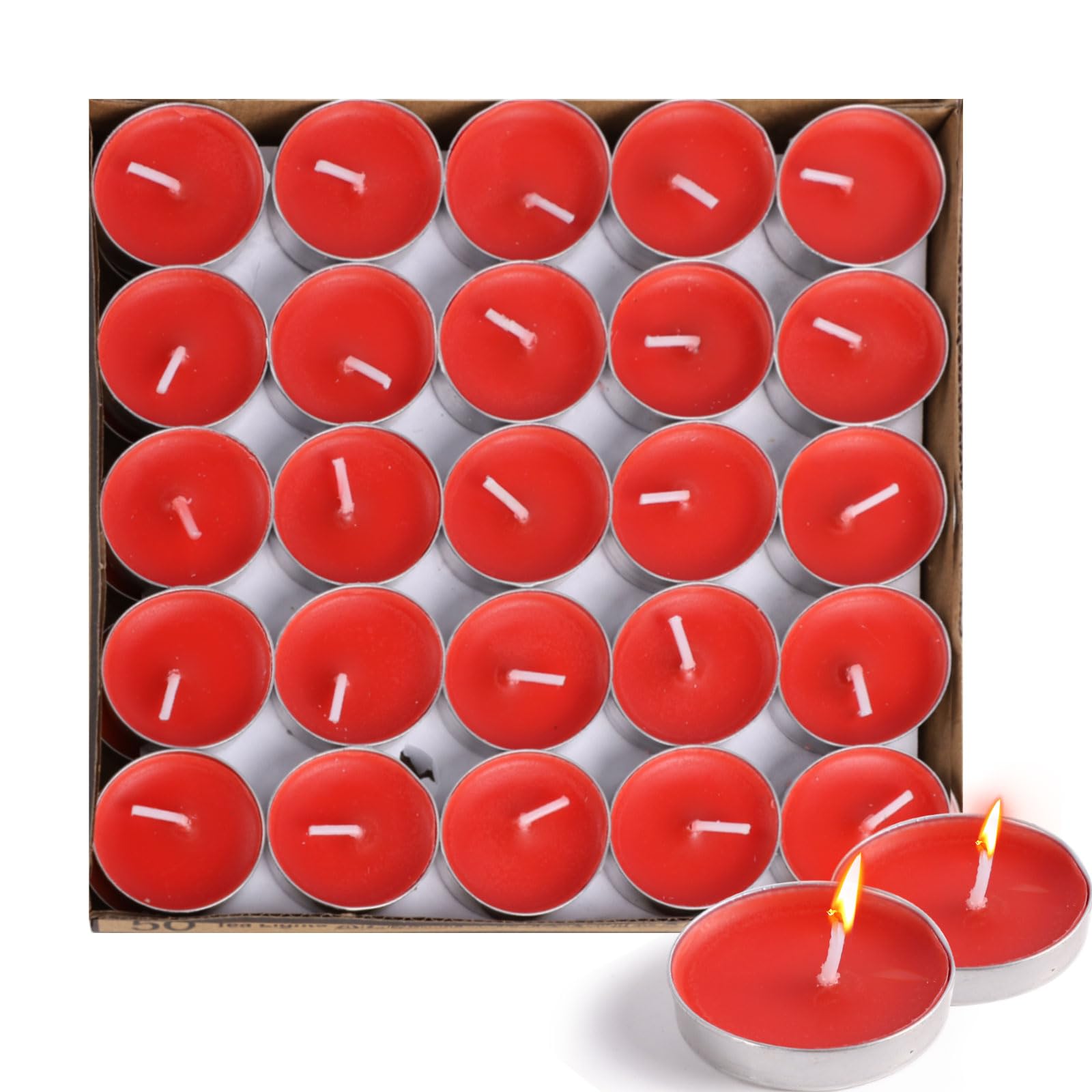 Tea Candles Swgraromlick 50 PCS Unscented Smokeless Tealight with Cotton Wick for Home Poo Wedding Christmas Shabbat 2 Hour Burn Time (Red)