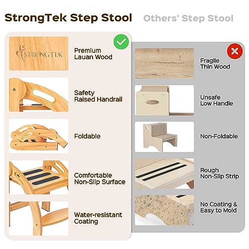 StrongTek 2 Step Wooden Kids' Step Stool, Foldable Toddler Step Stool, Anti-Slip Design, 150 lbs Capacity, 14-inch Height – Ideal for Bathroom, Kitchen, Countertop, and Sofa Access