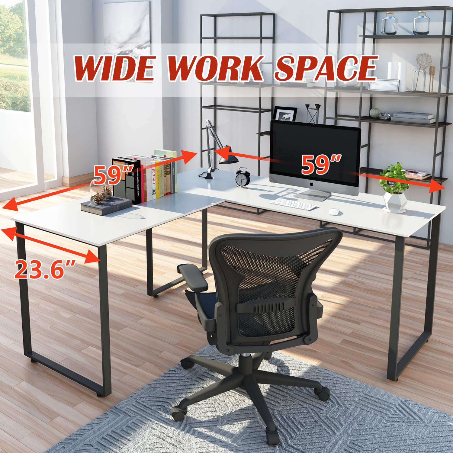 KLMM L Shaped Computer Desk 58 Inch, Laptop Study Corner Table, Gaming Table, Workstation for Home Office, Easy to Assemble (White)