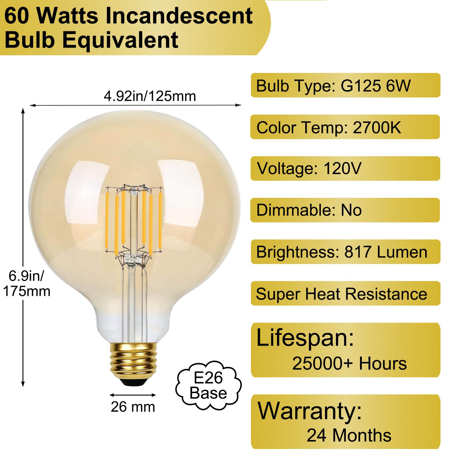 Wonninek G125 Edison Globe Filament Bulbs (1 Pack)- E26 Standard Base, Antique Incandescent Bulb 60W Equivalent, 2700K 817LM Non-Dimmable Round Edison Bulb for Bedroom Bathroom and Living Room