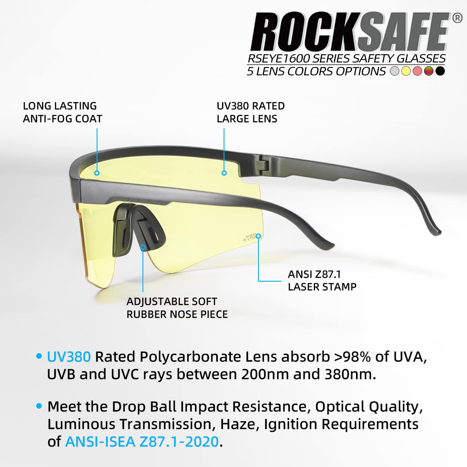ROCKSAFE Z87.1 Anti-Fog Safety Glasses, Lightweight Polycarbonate Impact Resistant, Oversize UV Protective Eyewear [Pack of 1]