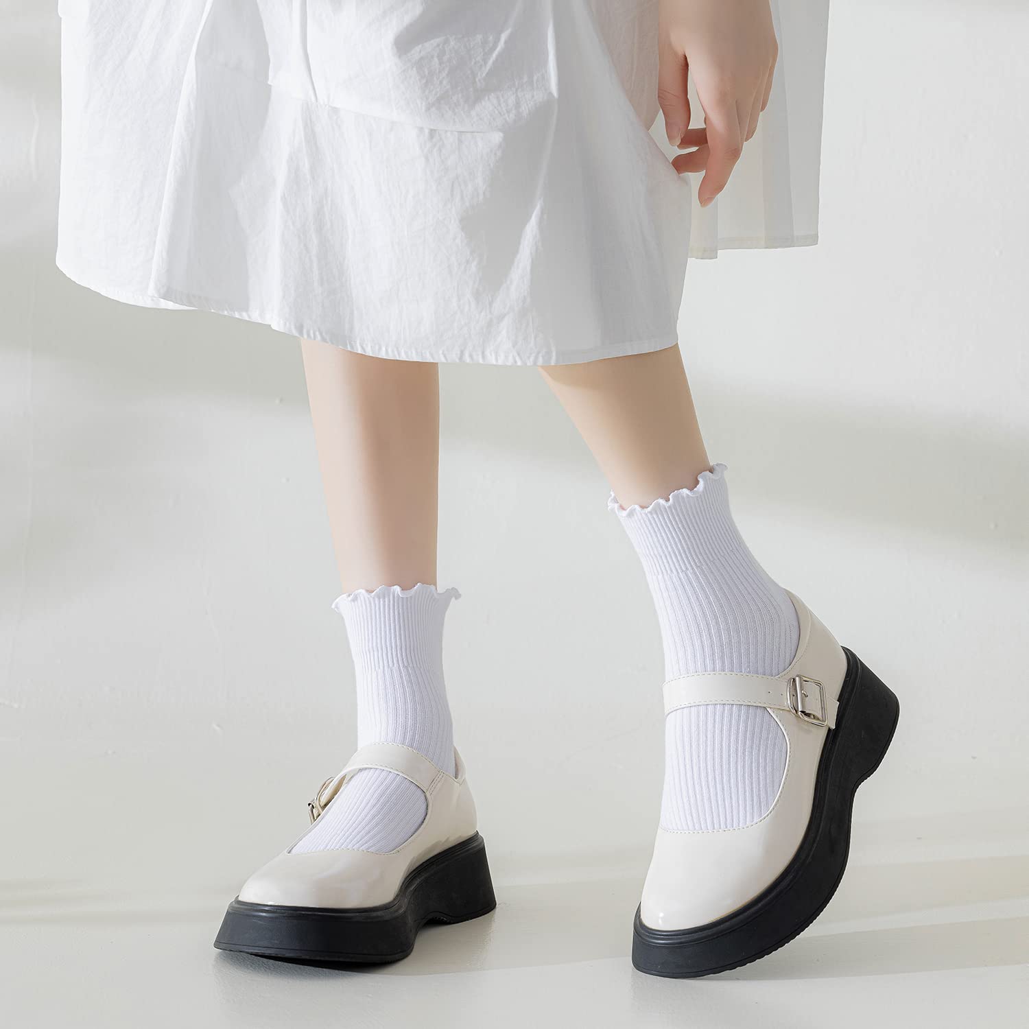Mcool Mary Women's Ruffle Socks,Casual Cute Ankle Socks Comfort Cool Cotton Knit Lettuce Frilly Crew White Socks for Women 6 Pack