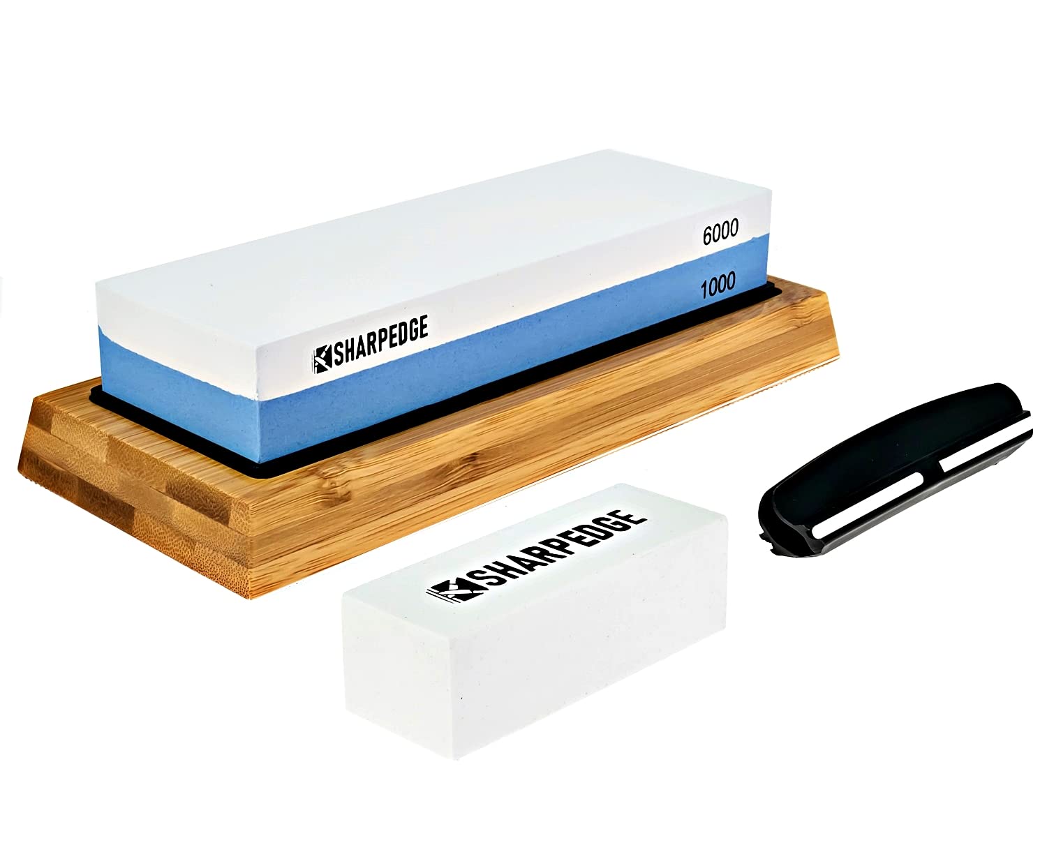 SharpEdge Premium Whetstone Knife Sharpening Stone Two Side Grit 1000/6000 Waterstone Knife Sharpener Non Slip Bamboo Base & Angle Guide