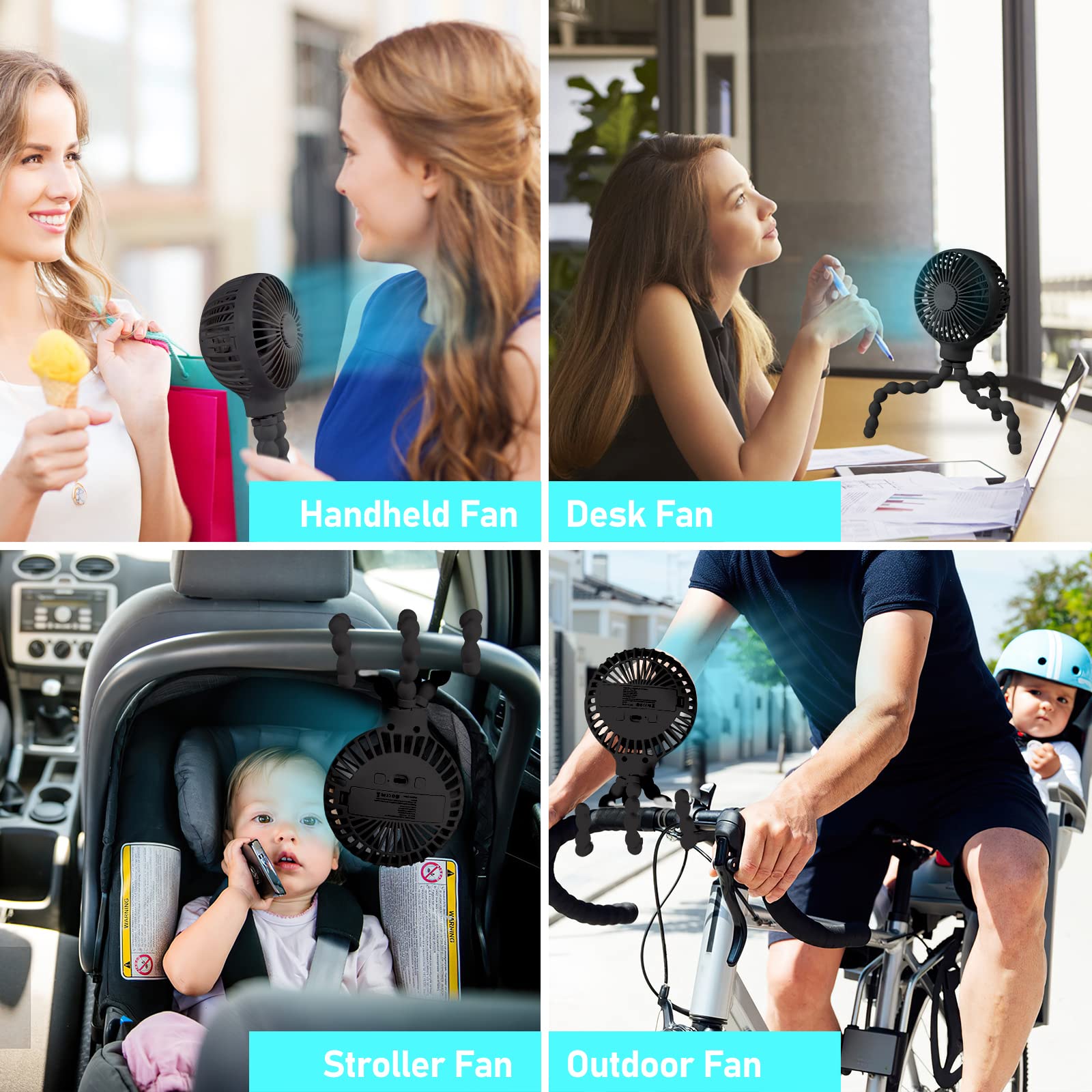 scurry Stroller Fan, Portable Desk Fan, Mini USB Fan, 2600mAH Rechargeable Battery Operated Fan with LED Light and Aromatherapy, Flexible Tripod Design Personal Handheld Fan for Stroller (Black)