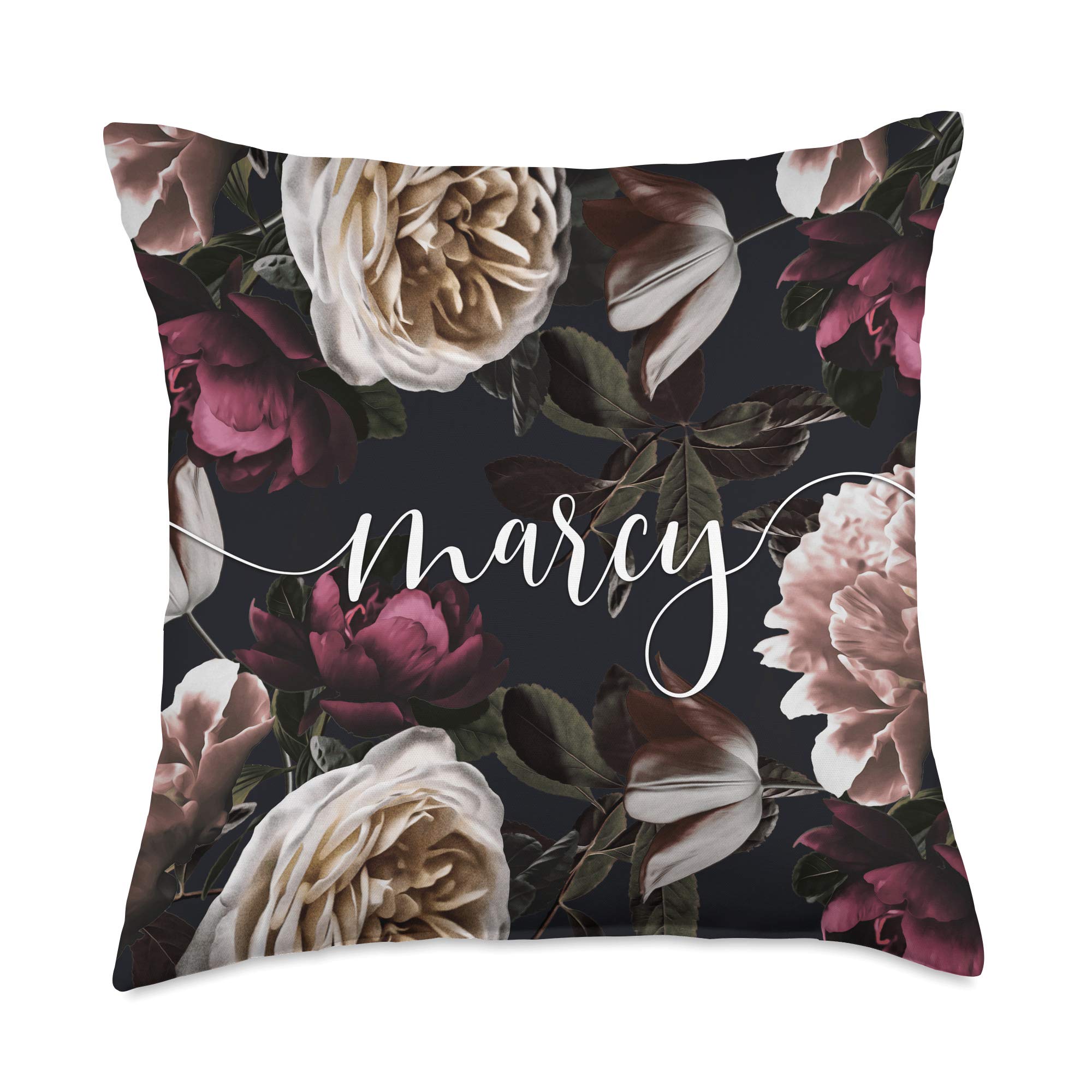 Marcy Personalized Girls & Womens Name Gifts Marcy-Elegant Floral Rose & Peony Personalized Name Throw Pillow, 18x18, Multicolor