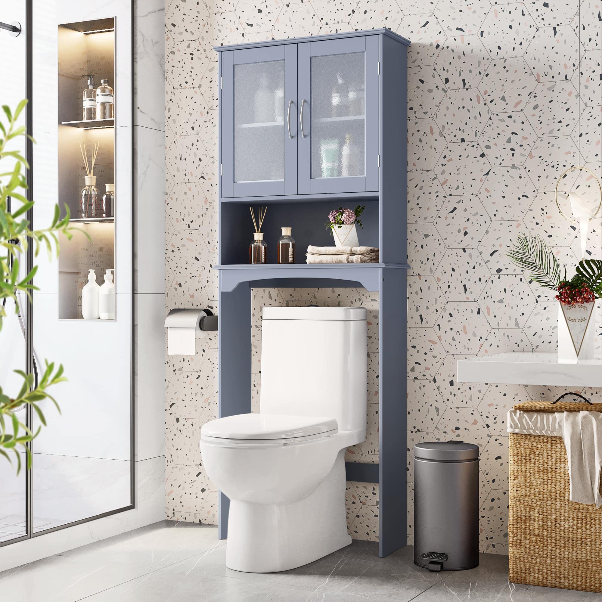 Yaheetech Over The Toilet Storage Cabinet, Free Standing Toilet Rack with Adjustable Shelves and Tempered Glass Doors for Bathroom Washroom, Grey
